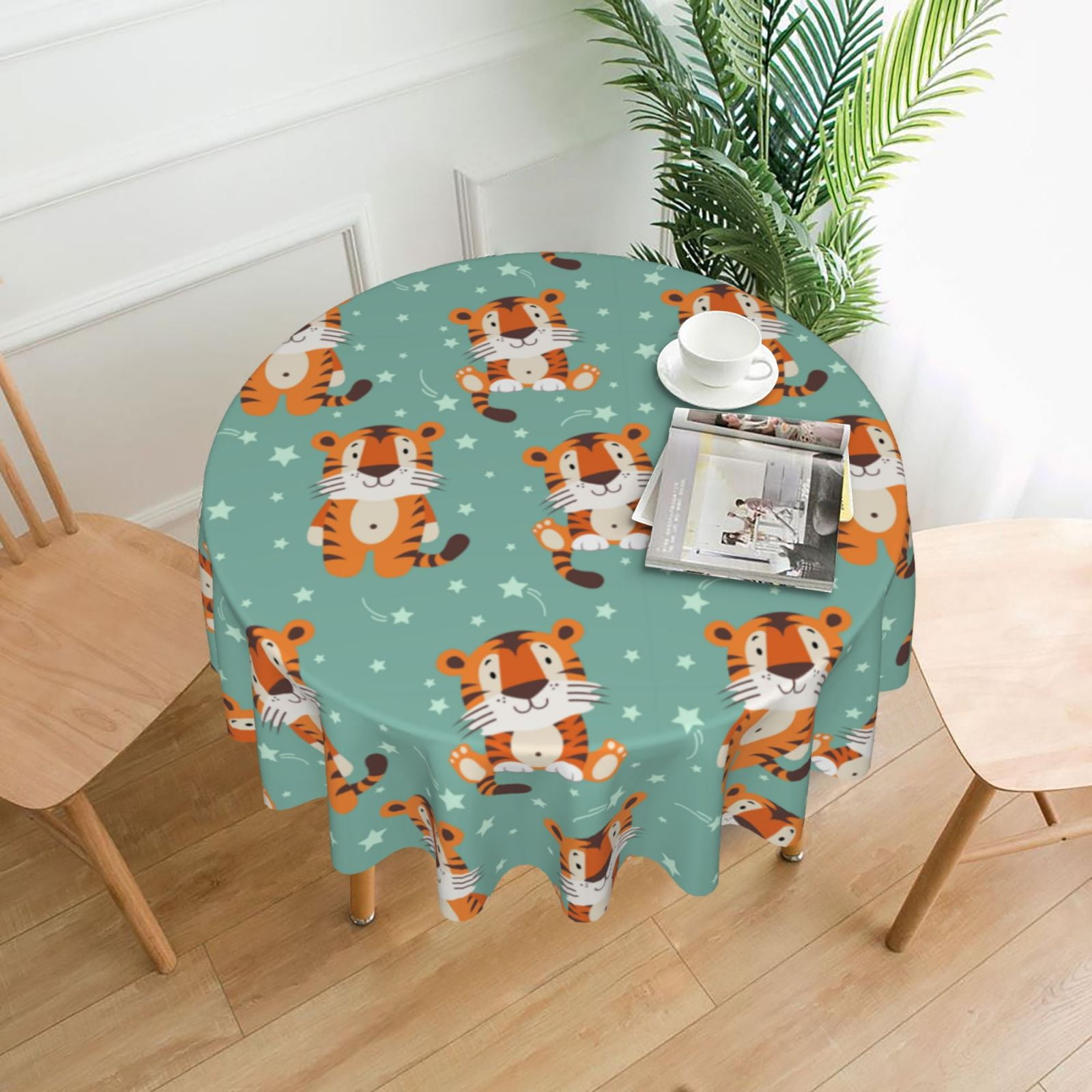 XMXT Waterproof Table Cloth, Cute Cartoon Tiger Polyester Round ...