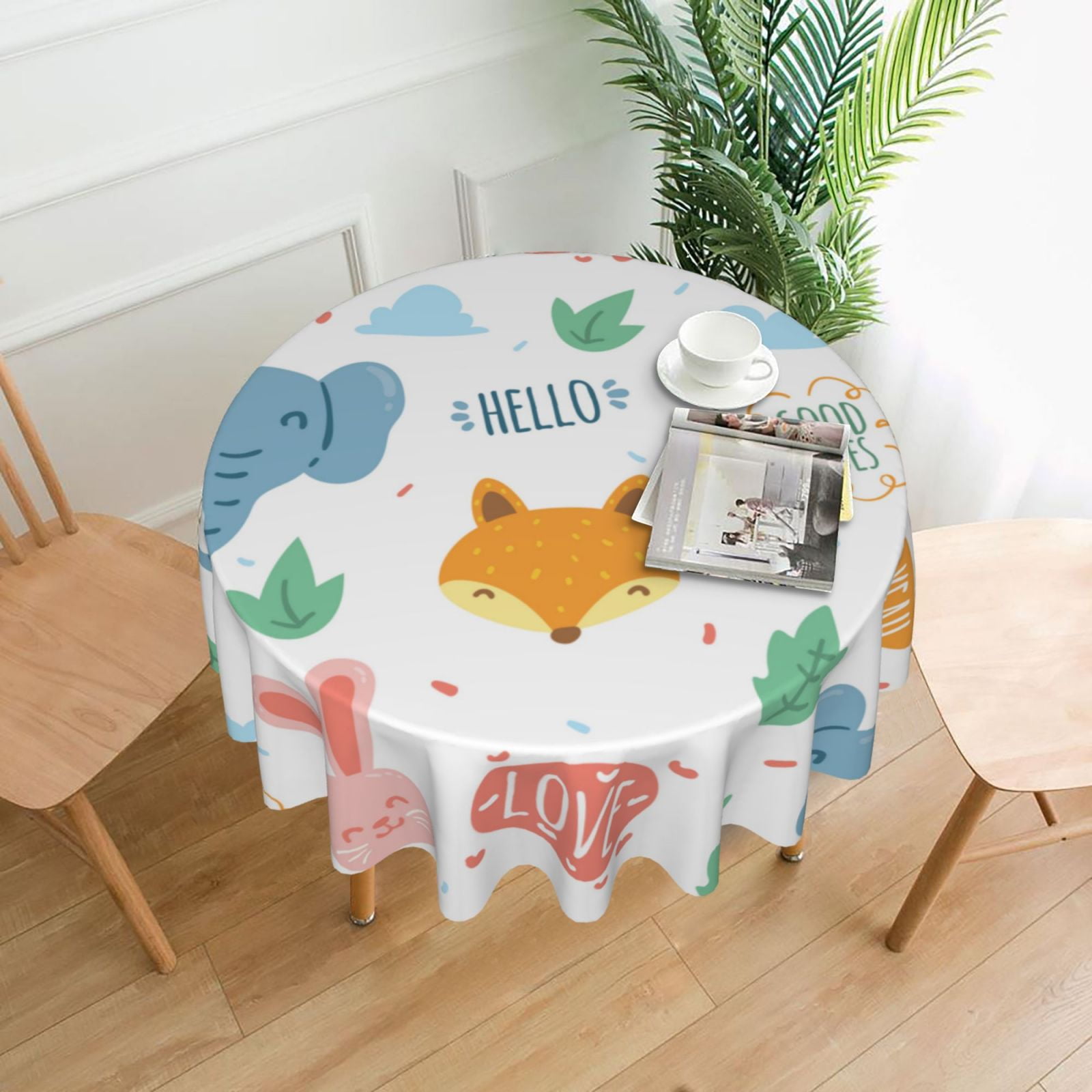 XMXT Waterproof Table Cloth, Friendly Cartoon Animals Polyester Round ...