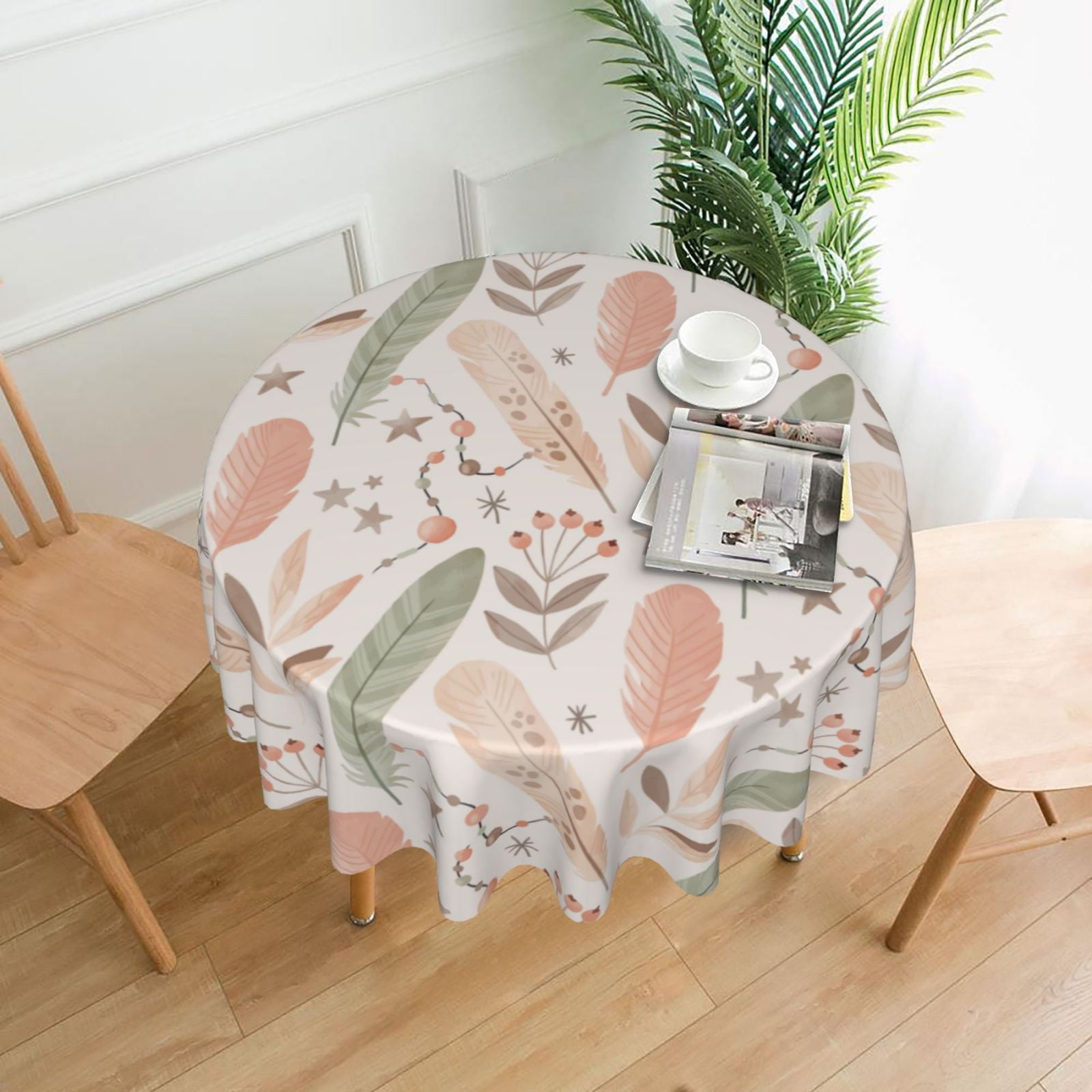 XMXT Waterproof Table Cloth, Minimalist Feather Print Polyester Round ...