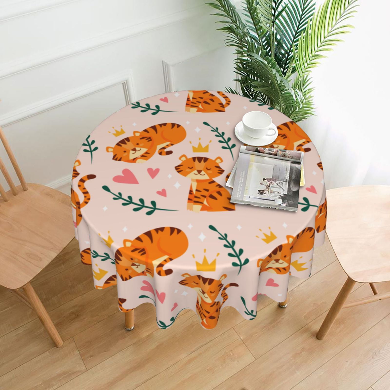 XMXT Waterproof Table Cloth, Pink Cartoon Tiger Polyester Round ...