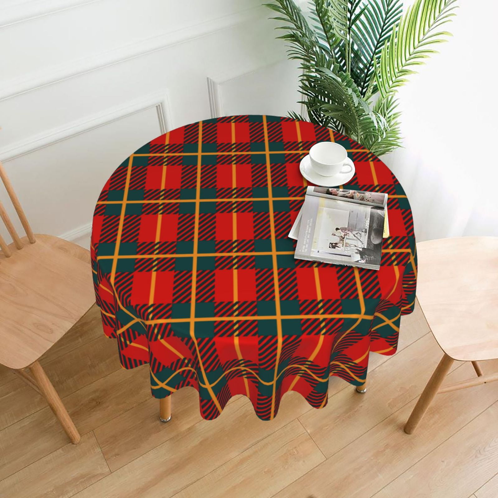 XMXT Waterproof Table Cloth, Red Plaid Christmas Print Polyester Round ...