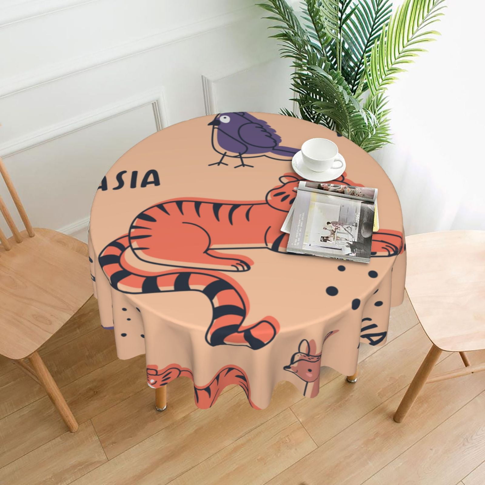 XMXT Waterproof Table Cloth, Tiger Deer Illustration Polyester Round ...