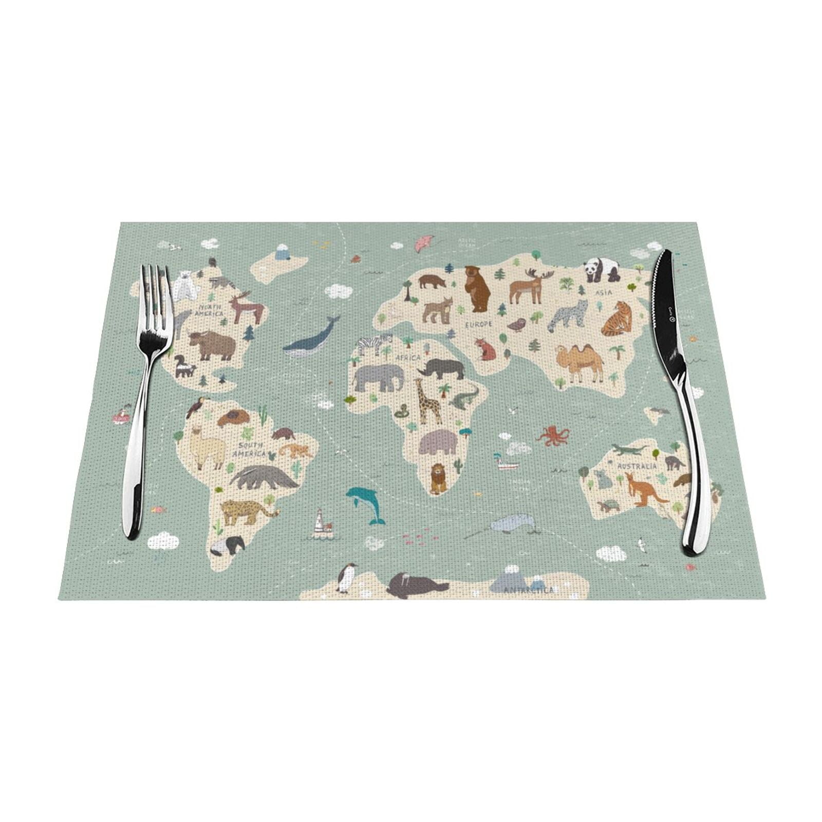 XMXT Woven Placemats Set of 4, Animal Map Drawing Stain Resistant Table ...