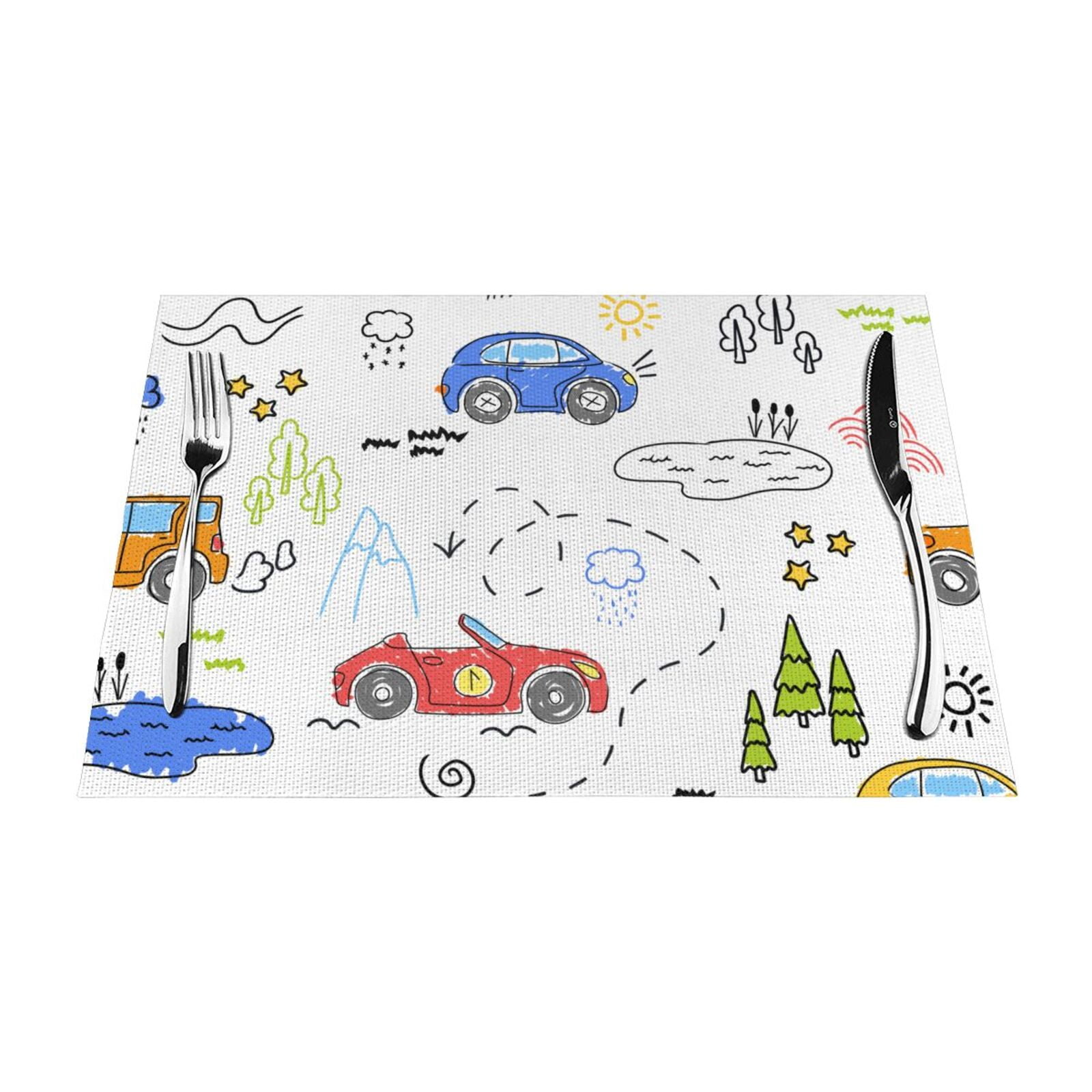 XMXT Woven Placemats Set of 4, Car Cartoon Line Drawing Stain Resistant ...