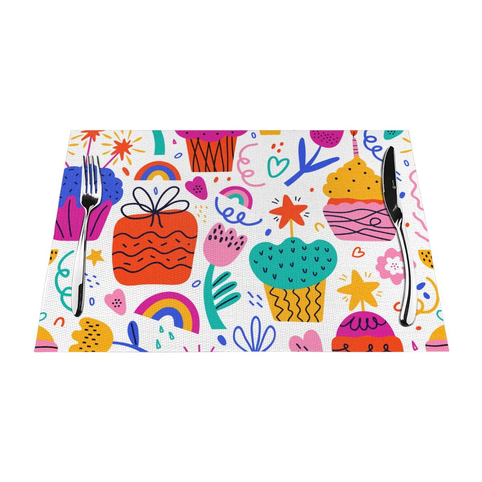 XMXT Woven Placemats Set of 4, Colorful Birthday Cakes Stain Resistant ...