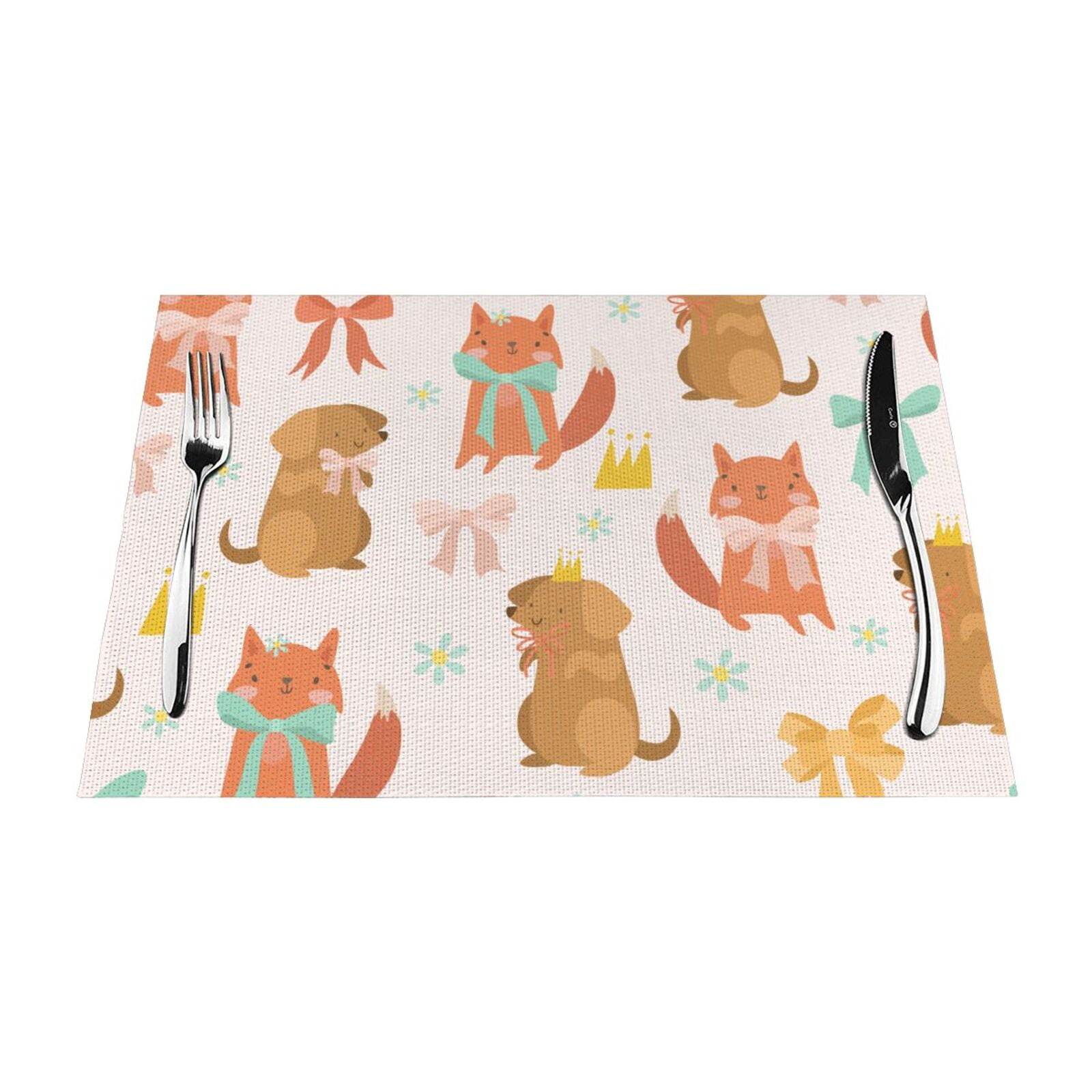 XMXT Woven Placemats Set of 4, Cute Bow Animals Stain Resistant Table ...