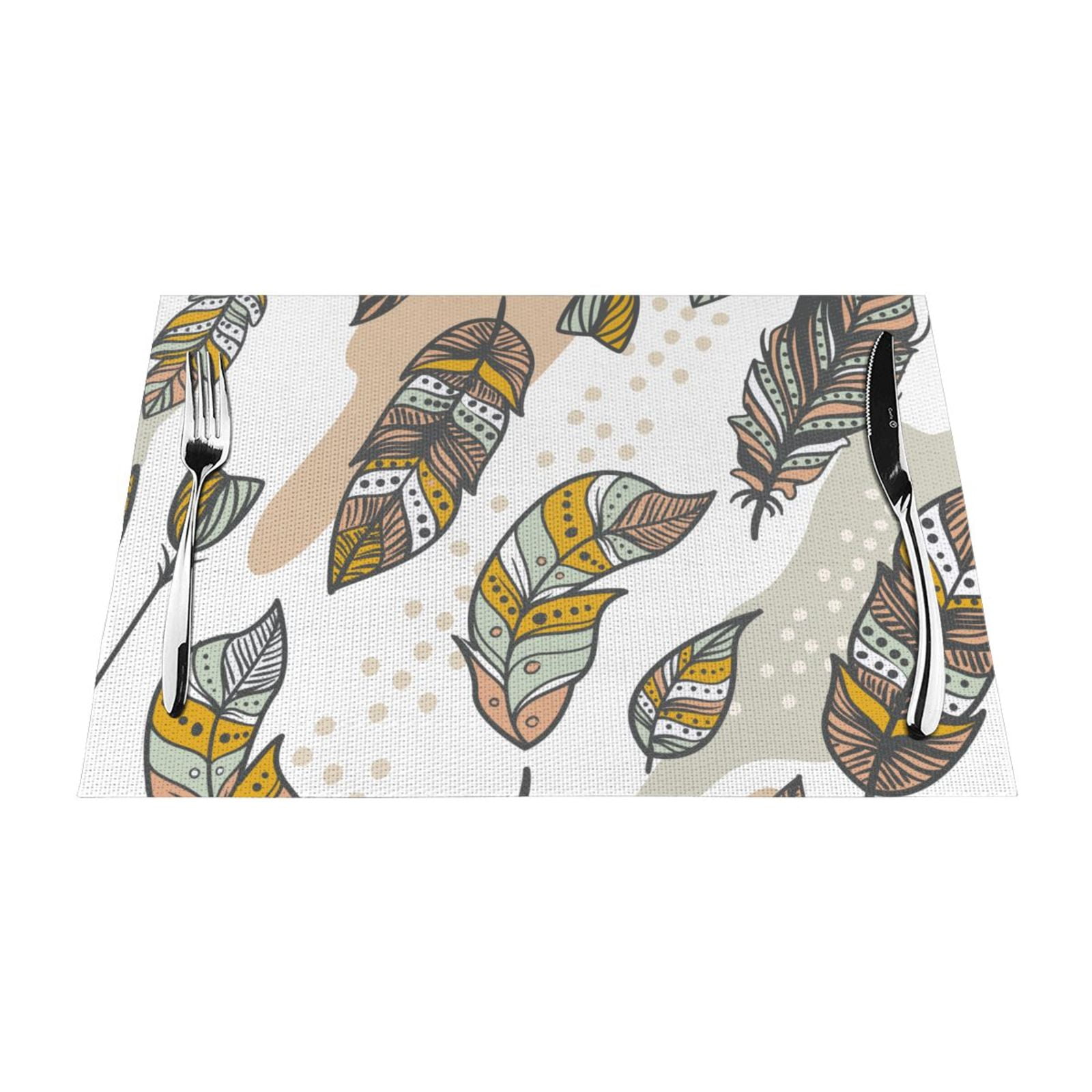 XMXT Woven Placemats Set of 4, Decorative Feather Graffiti Stain ...