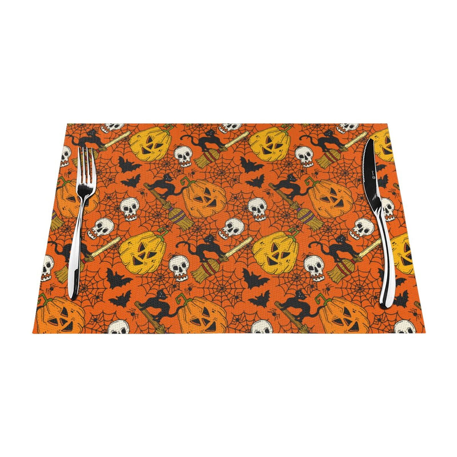 XMXT Woven Placemats Set of 4, Halloween Cat Skeleton Stain Resistant ...