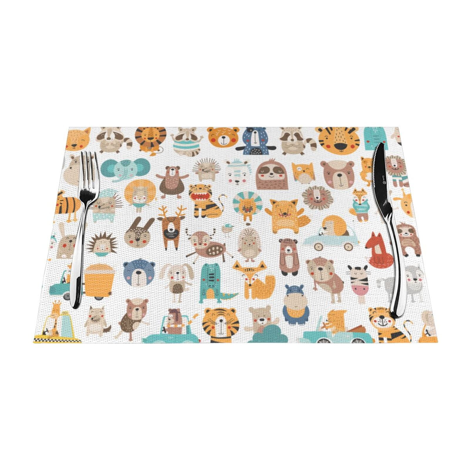 XMXT Woven Placemats Set of 4, Hand Drawn Animal Cartoon Stain ...