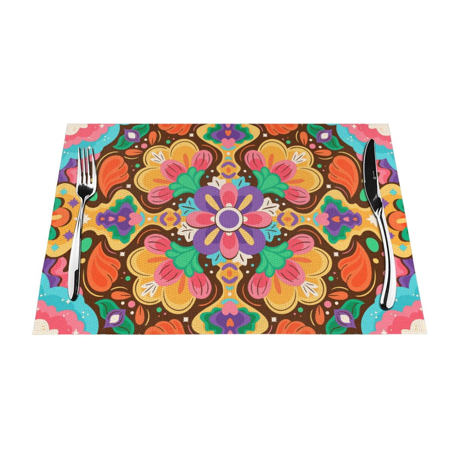 XMXT Woven Placemats Set of 6, Cartoon Ethnic Floral Print Stain ...