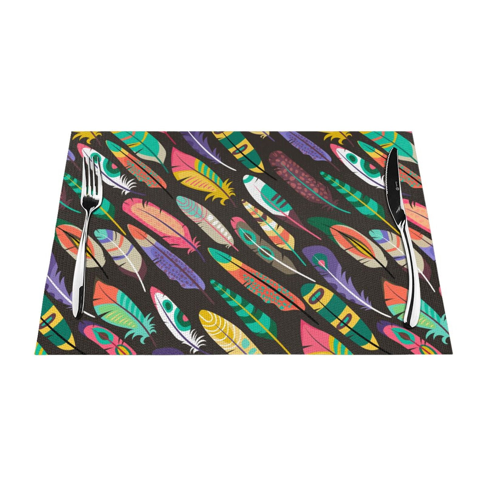 XMXT Woven Placemats Set of 6, Colorful Feather Print Stain Resistant ...