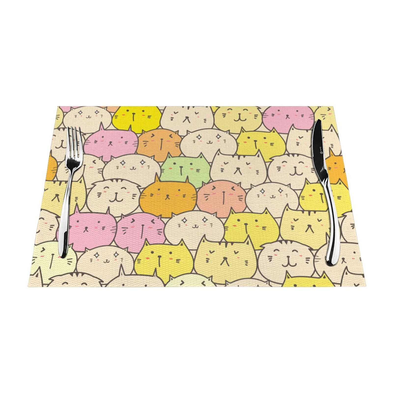XMXT Woven Placemats Set of 6, Cute Cats Print Stain Resistant Table ...