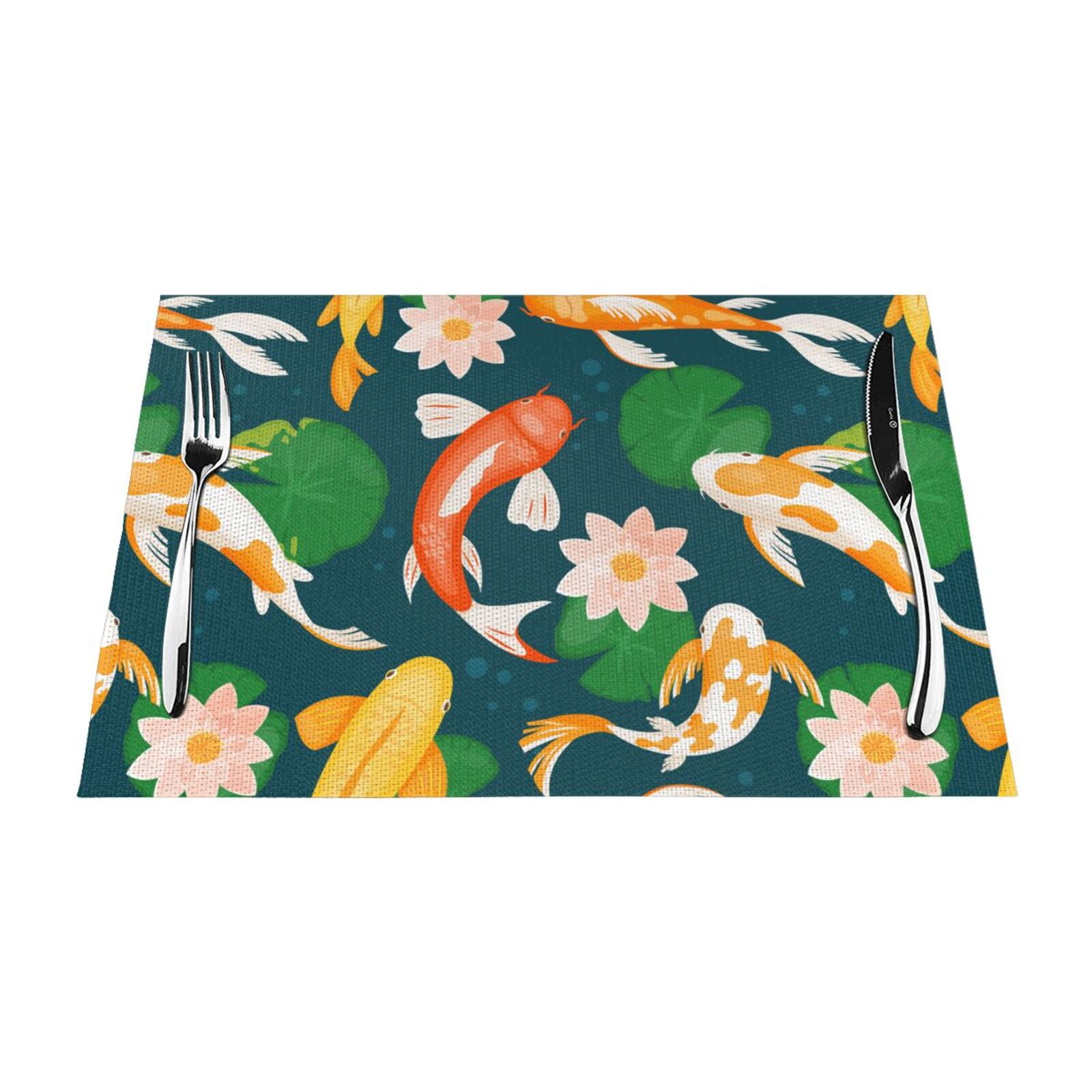 XMXT Woven Placemats Set of 6, Koi Flower Pattern Stain Resistant Table ...