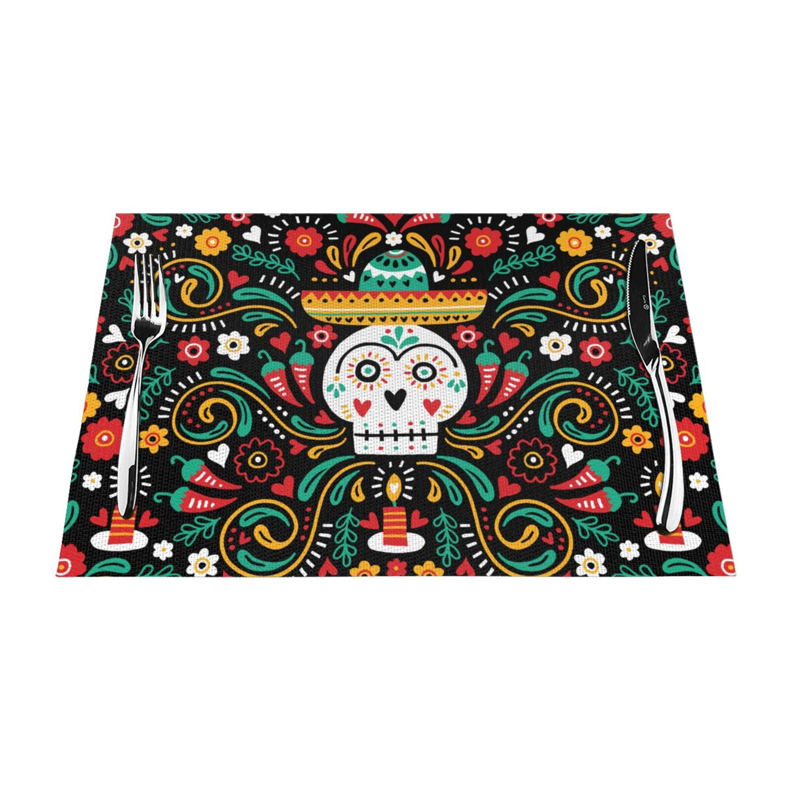 XMXT Woven Placemats Set of 6, Mexican Skeleton Decor Print Stain ...
