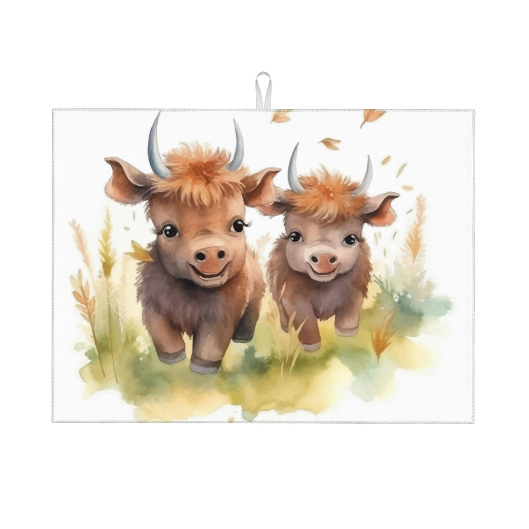 XMXY Dish Drying Mat for Kitchen Counter, Cute Cartoon Yak Buffalo ...