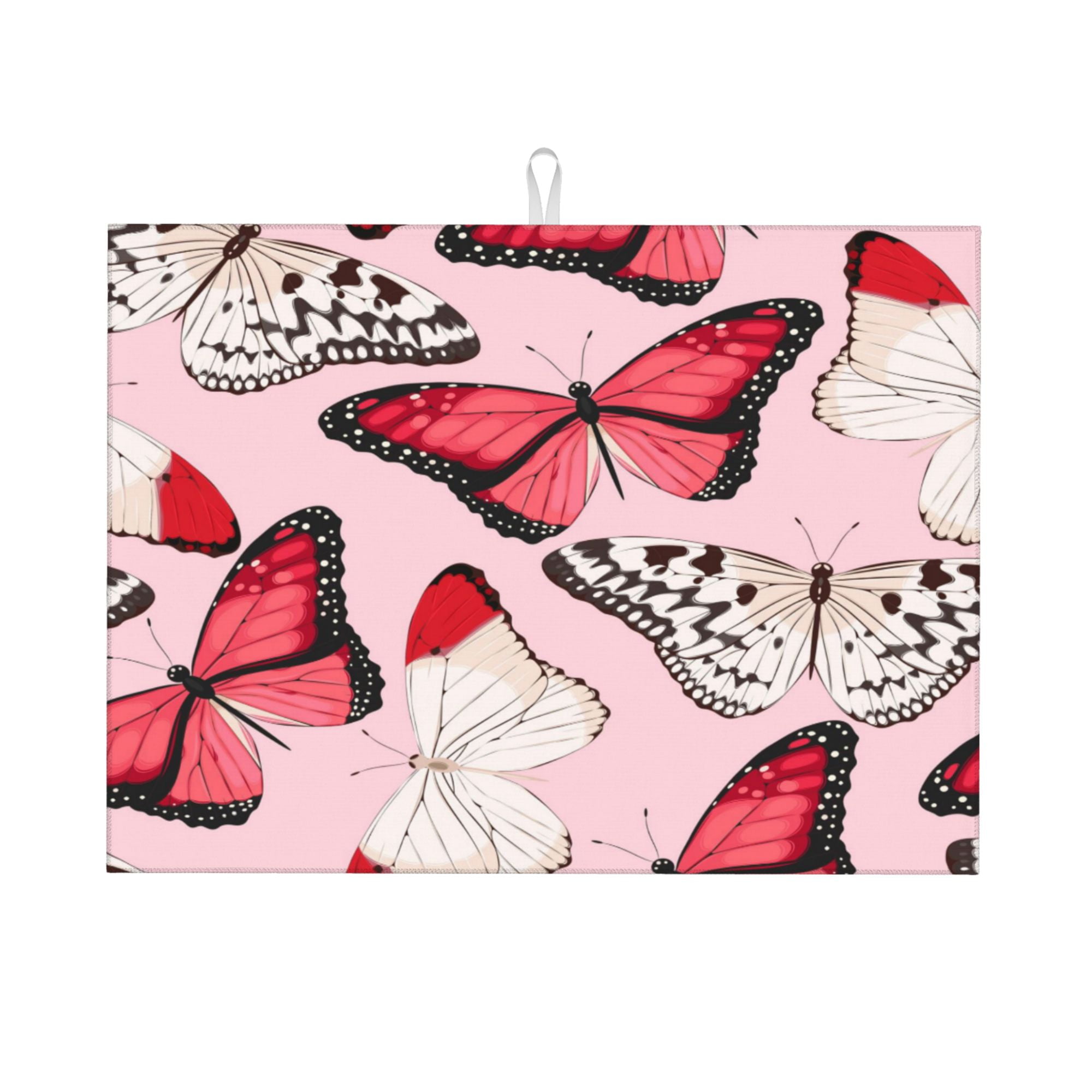 XMXY Dish Drying Mat for Kitchen Counter, Red White Butterflies Pink ...