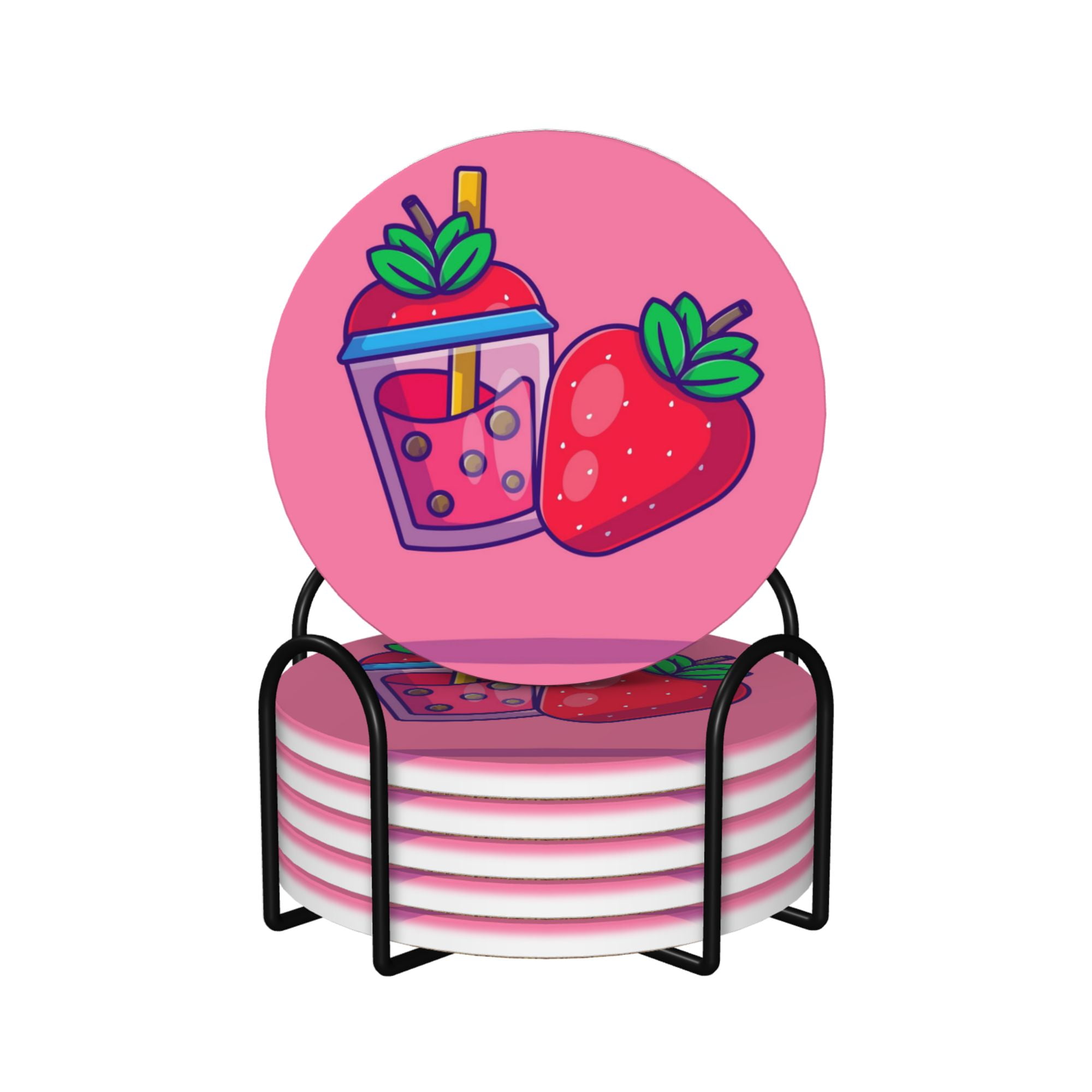 XMXY Drink Coasters with Holder for Coffee Table, Pink Strawberry Drink ...