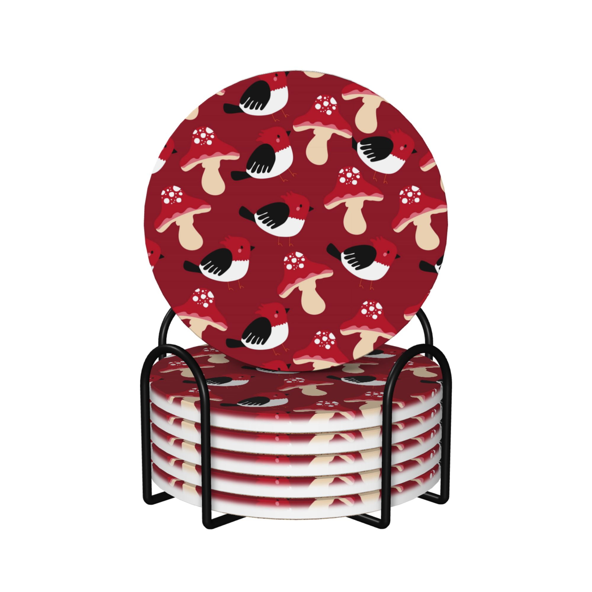 XMXY Drink Coasters with Holder for Coffee Table, Birds Mushroom Red ...