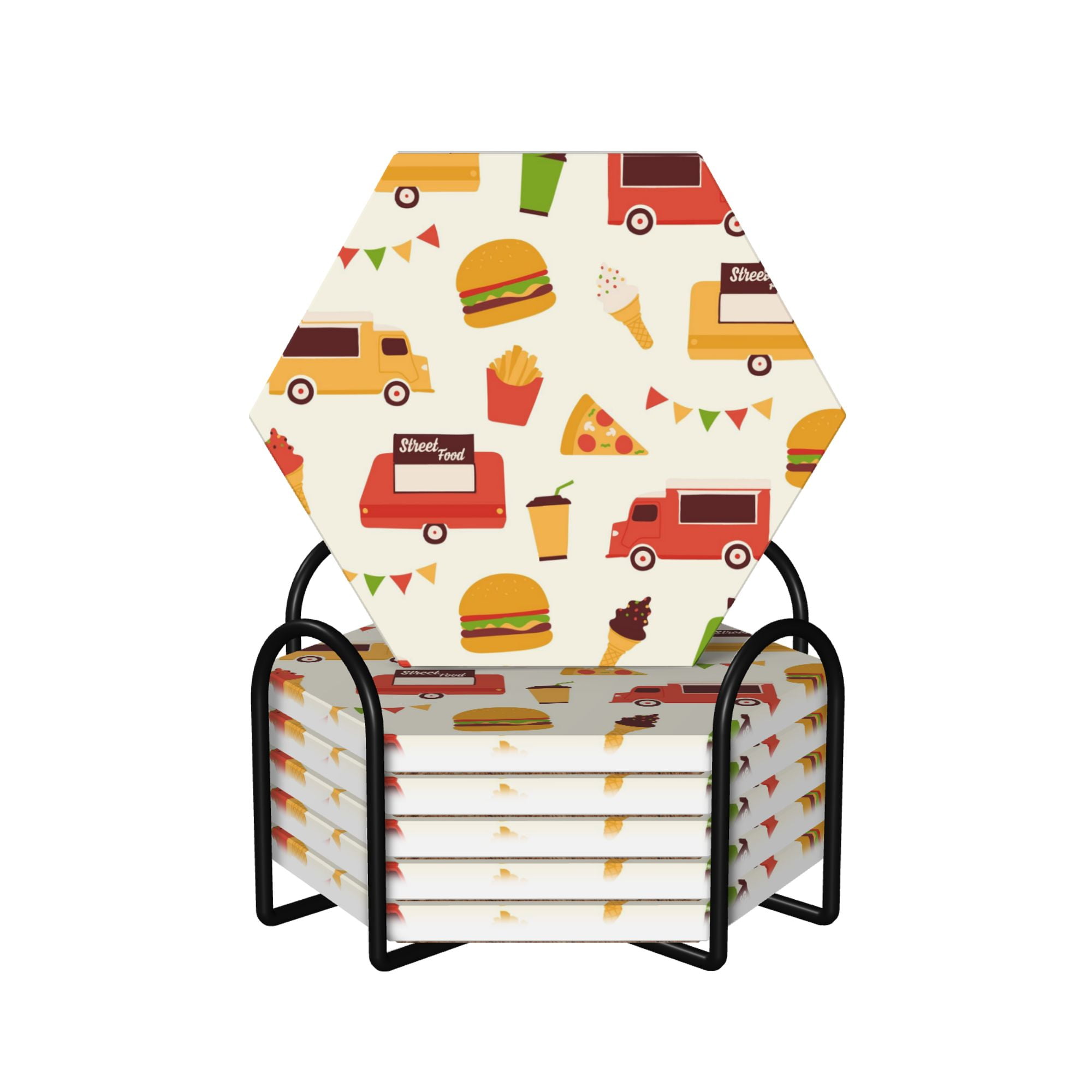 XMXY Drink Coasters with Holder for Coffee Table, Cartoon Cafe Burger ...