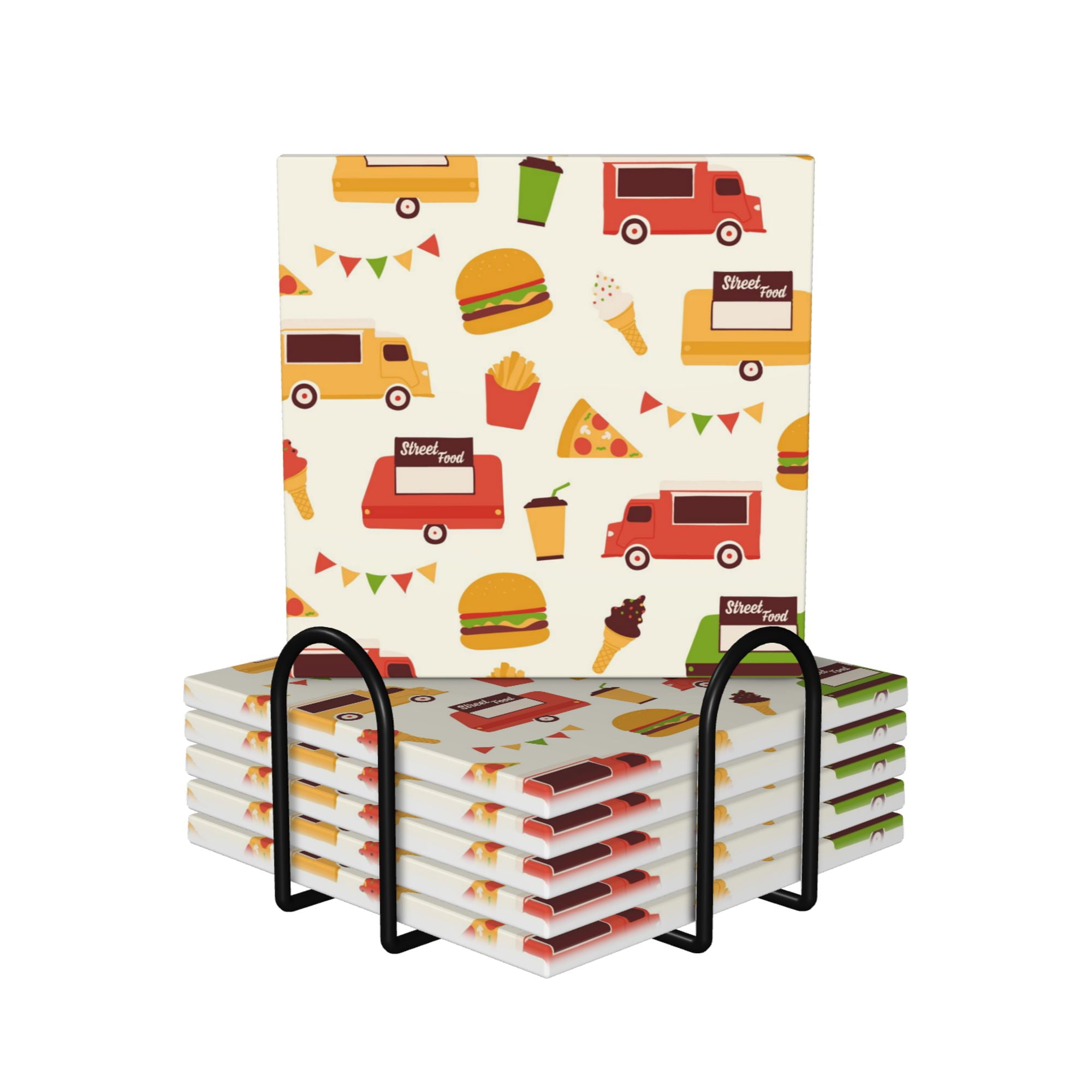 XMXY Drink Coasters with Holder for Coffee Table, Cartoon Cafe Burger ...