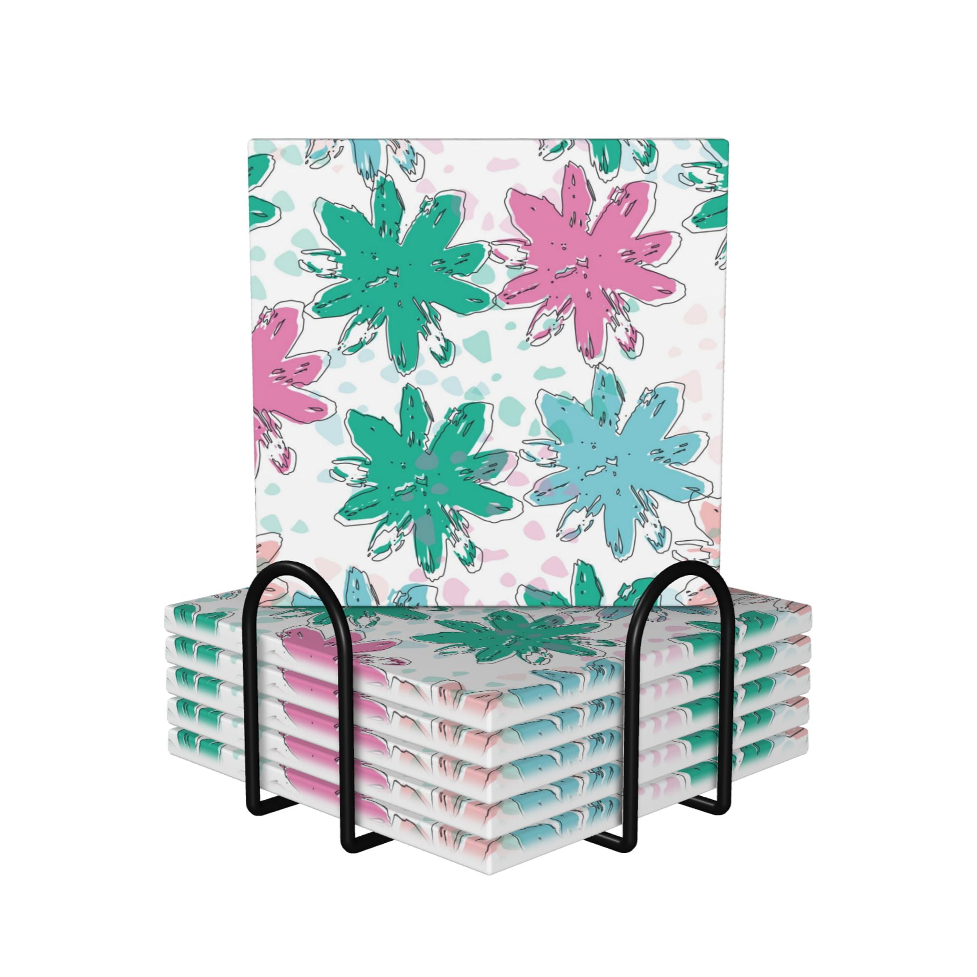 XMXY Drink Coasters with Holder for Coffee Table, Cartoon Cute Flowers ...