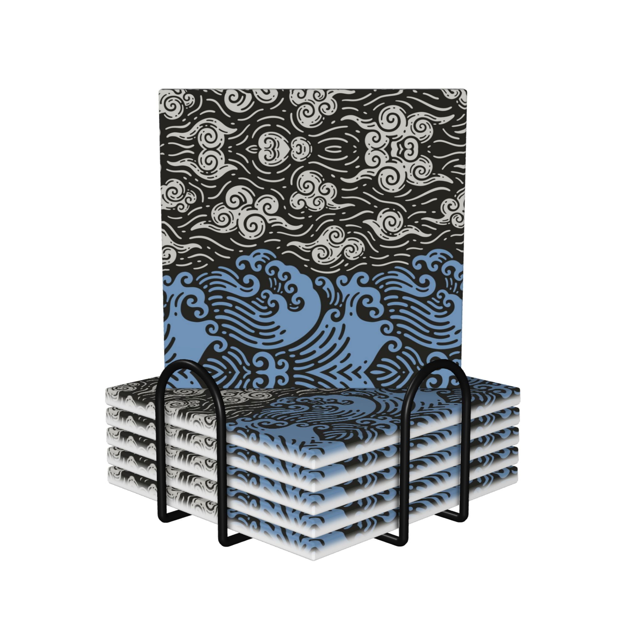 XMXY Drink Coasters with Holder for Coffee Table, Cartoon Drawing Waves ...