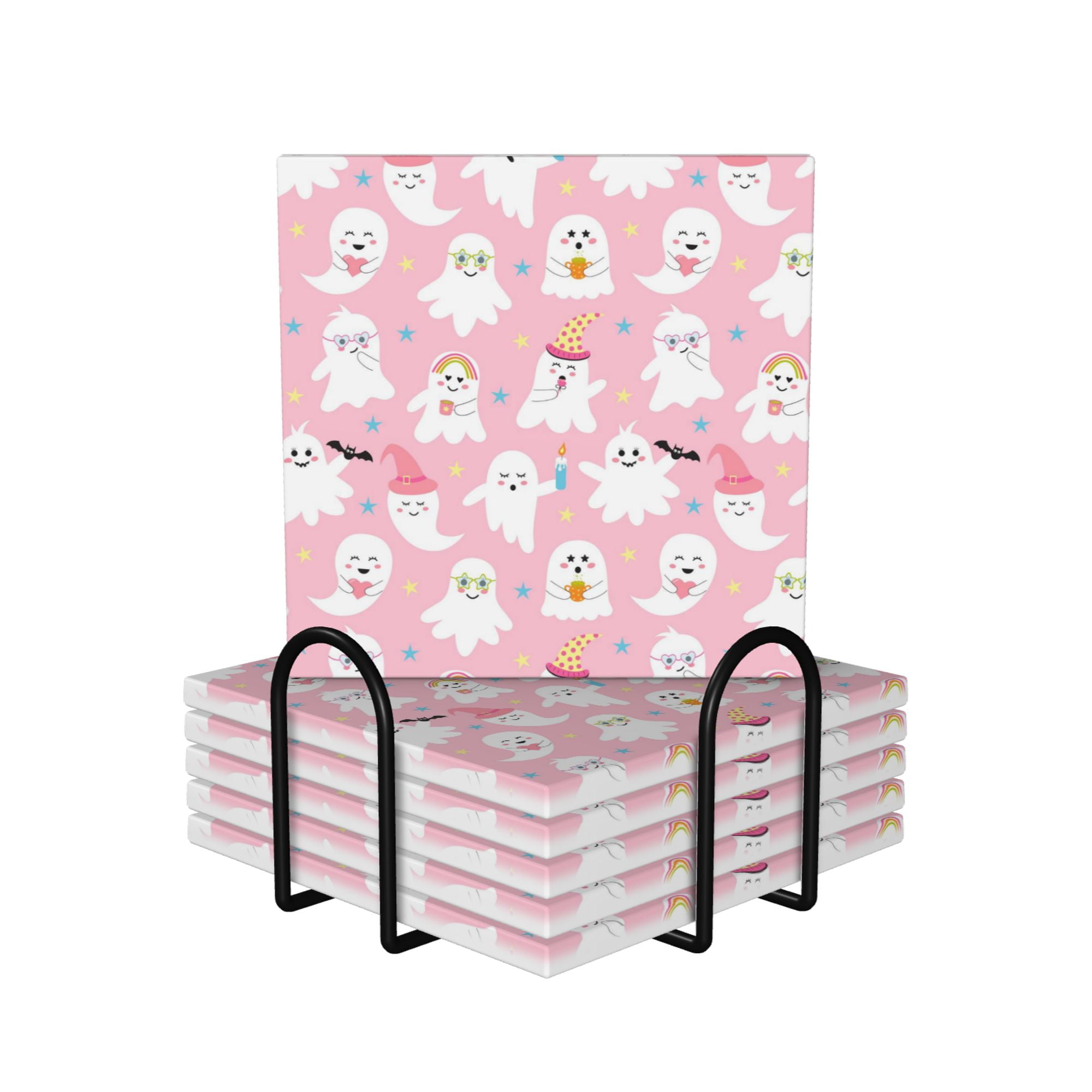 XMXY Drink Coasters with Holder for Coffee Table, Cute Pink Ghost ...