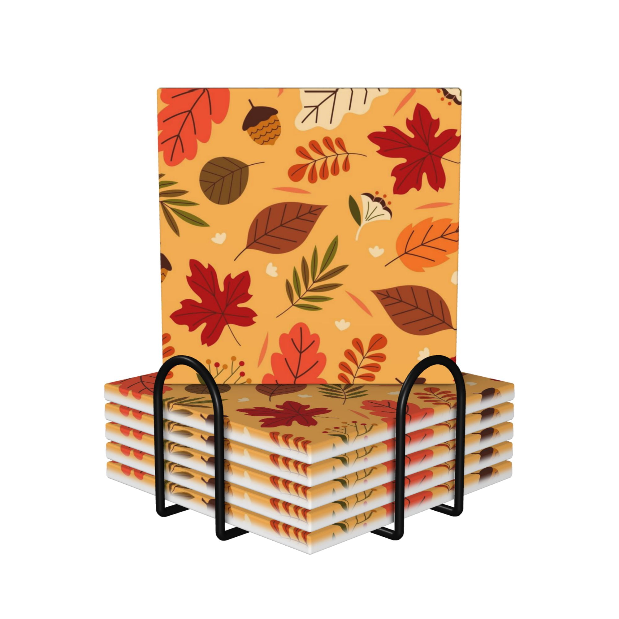 XMXY Drink Coasters with Holder for Coffee Table, Forest Cartoon Leaves ...