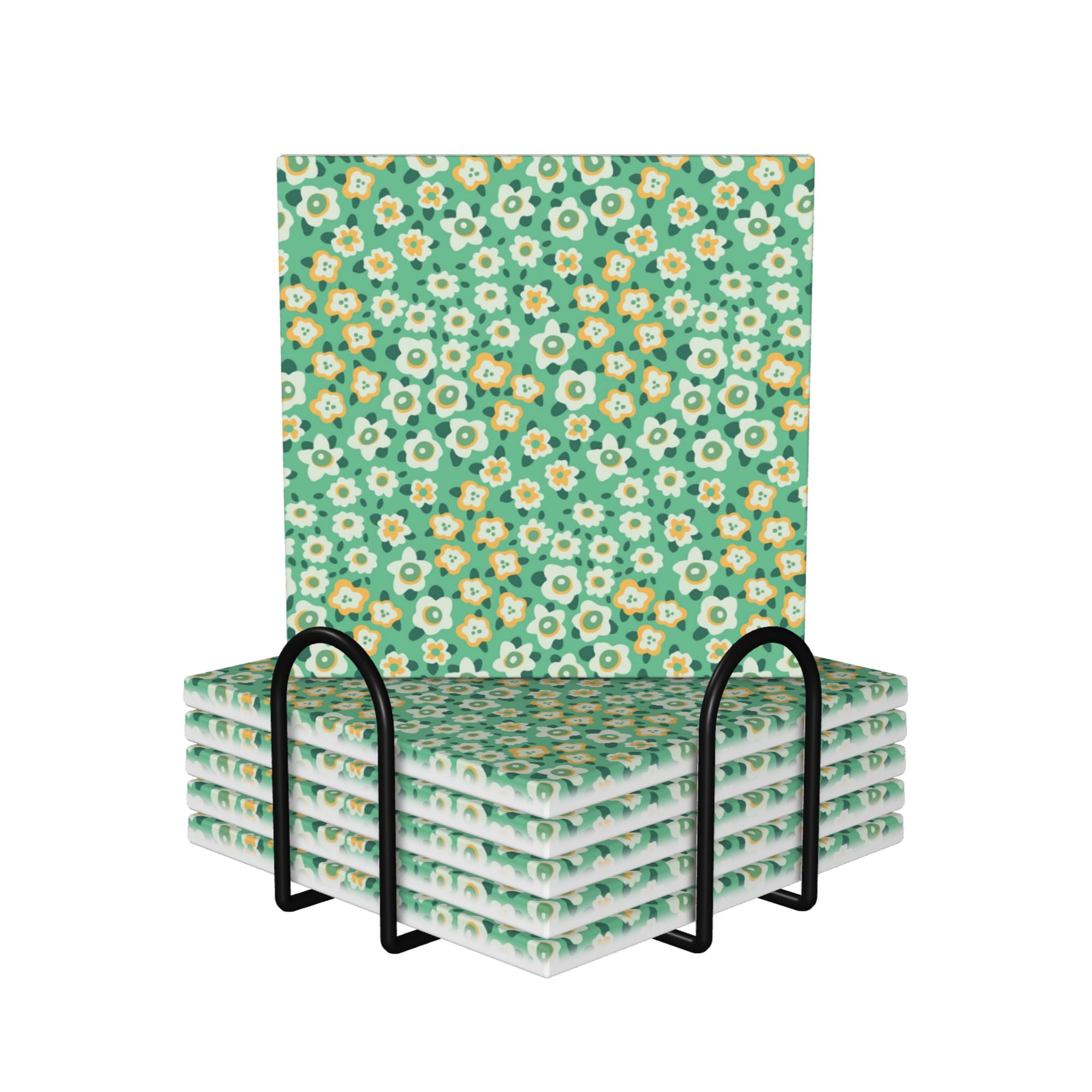 XMXY Drink Coasters with Holder for Coffee Table, Green Cute Fresh ...