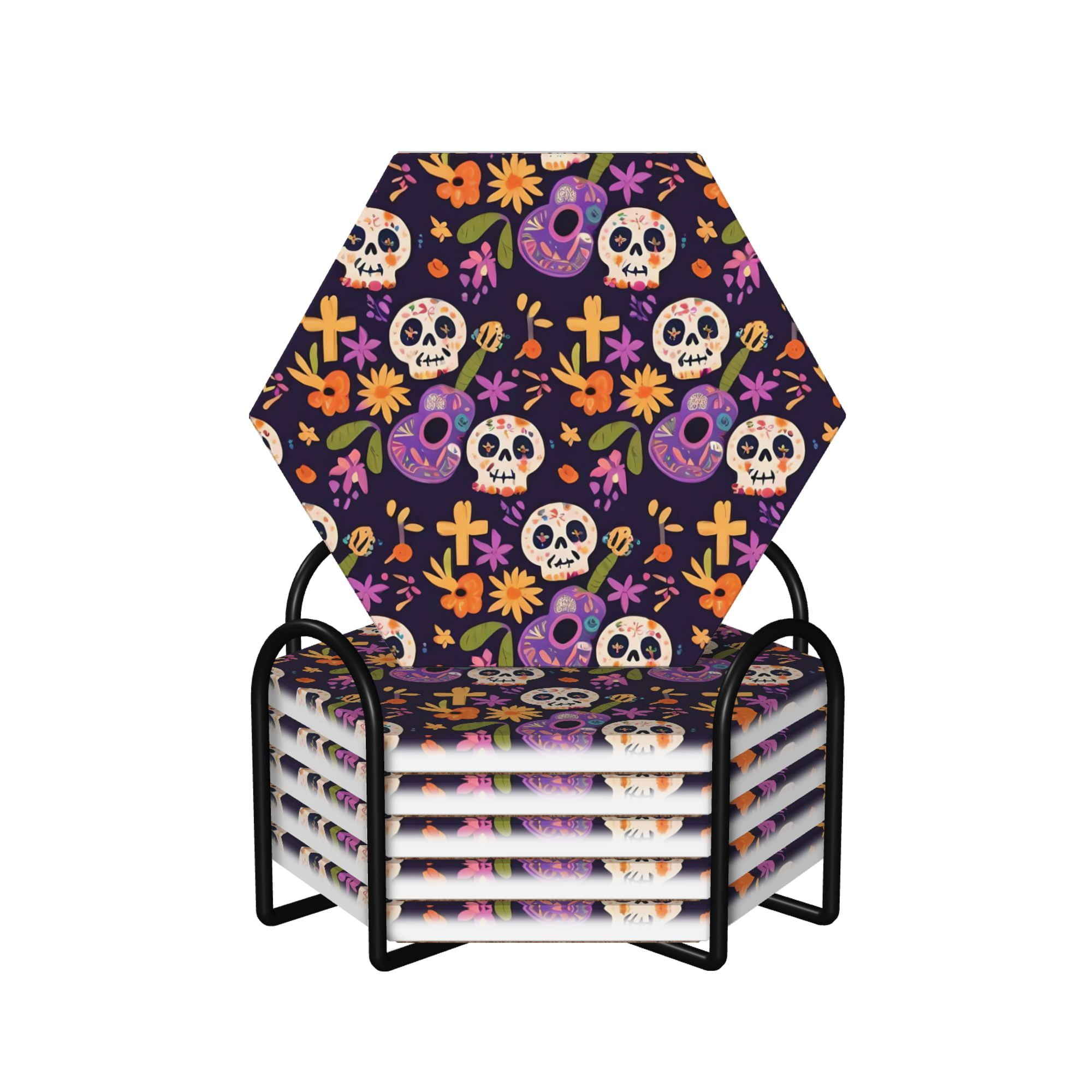 XMXY Drink Coasters with Holder for Coffee Table, Skeleton Guitar Death ...