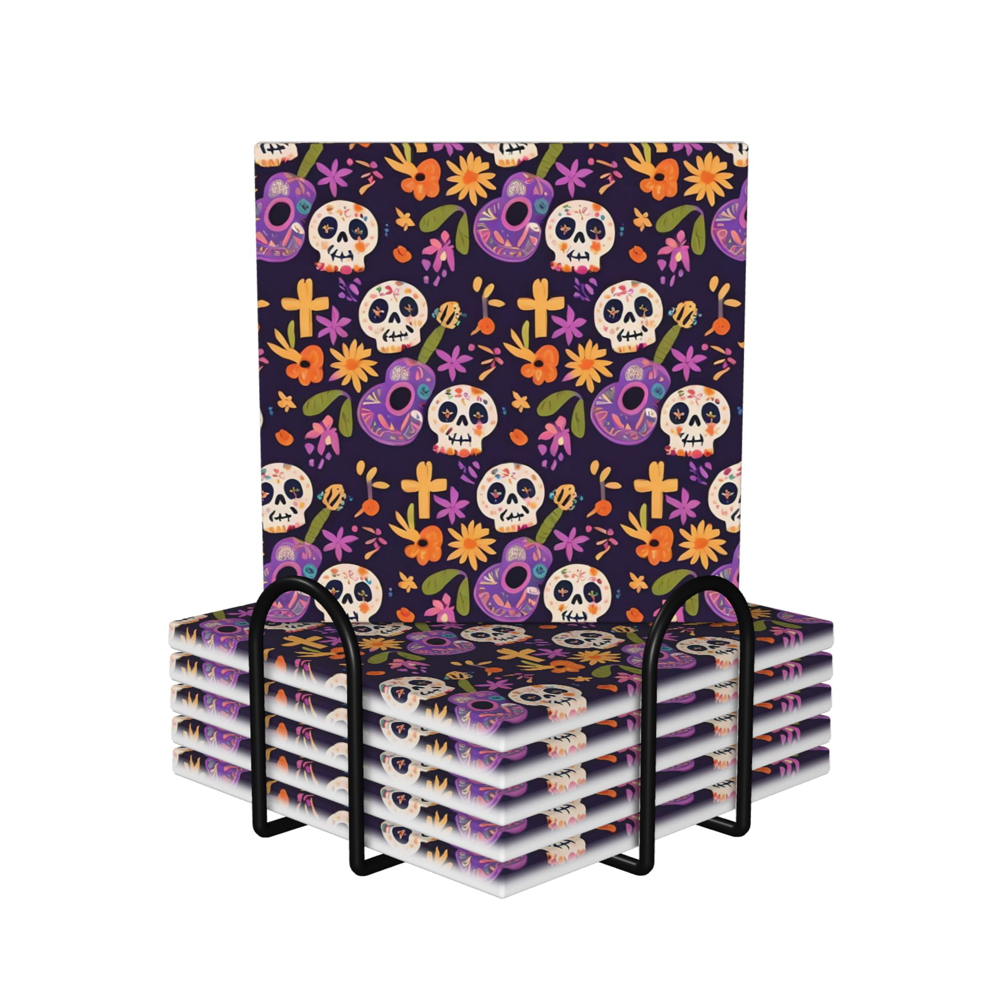 XMXY Drink Coasters with Holder for Coffee Table, Skeleton Guitar Death ...