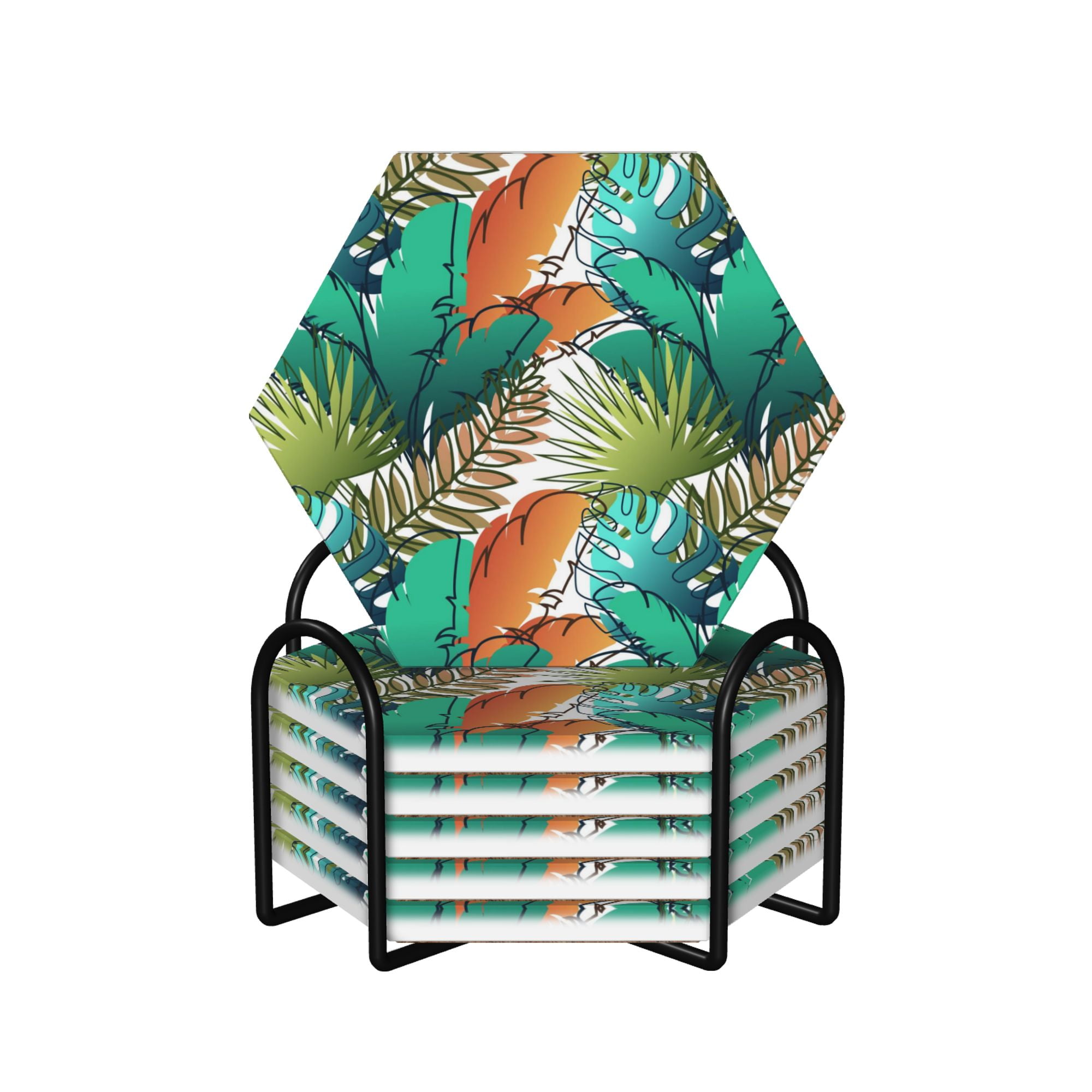 XMXY Drink Coasters with Holder for Coffee Table, Tropical Leaves ...