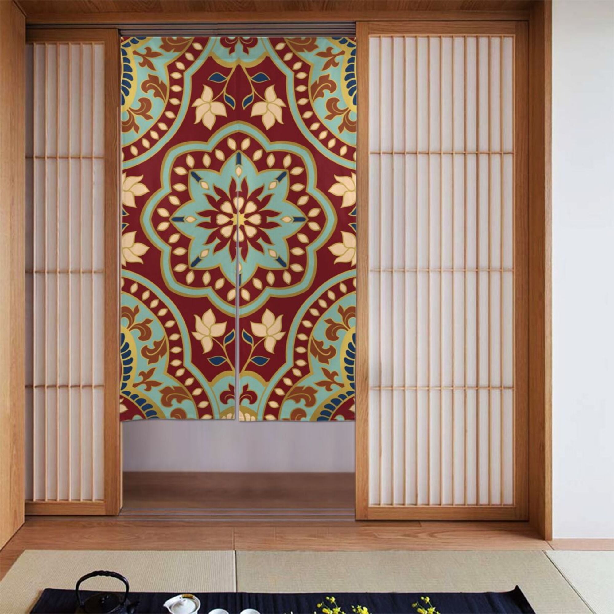 XMXY Japanese Doorway Curtain Noren, Abstract Persian Blue Flower Door ...