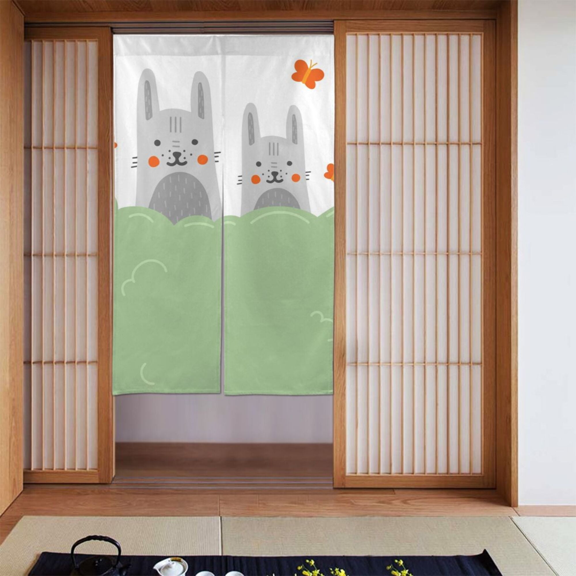XMXY Japanese Doorway Curtain Noren, Cartoon Grey Rabbits Butterflies ...