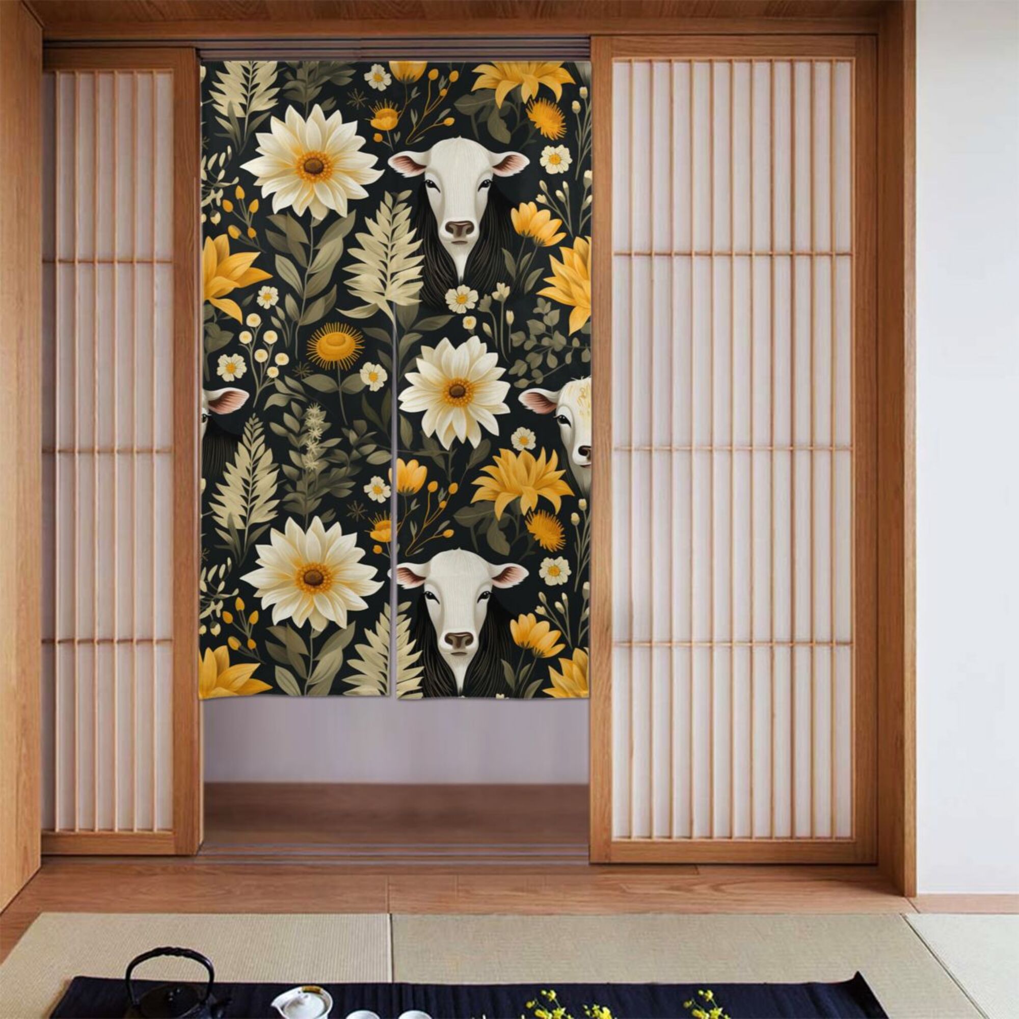XMXY Japanese Doorway Curtain Noren, Cows Flowers Black Background Door ...