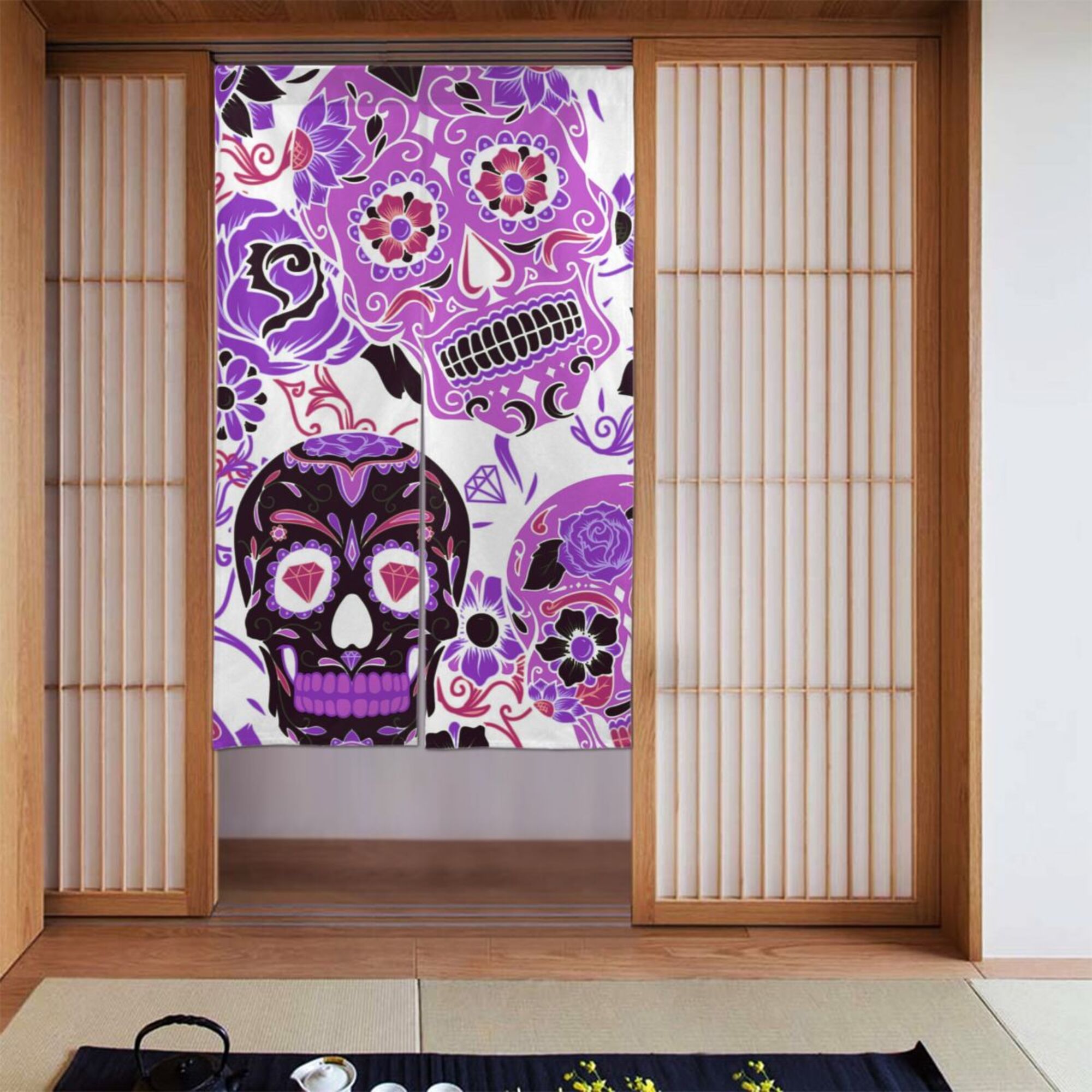 XMXY Japanese Doorway Curtain Noren, Gothic Purple Skeleton Skull Door ...