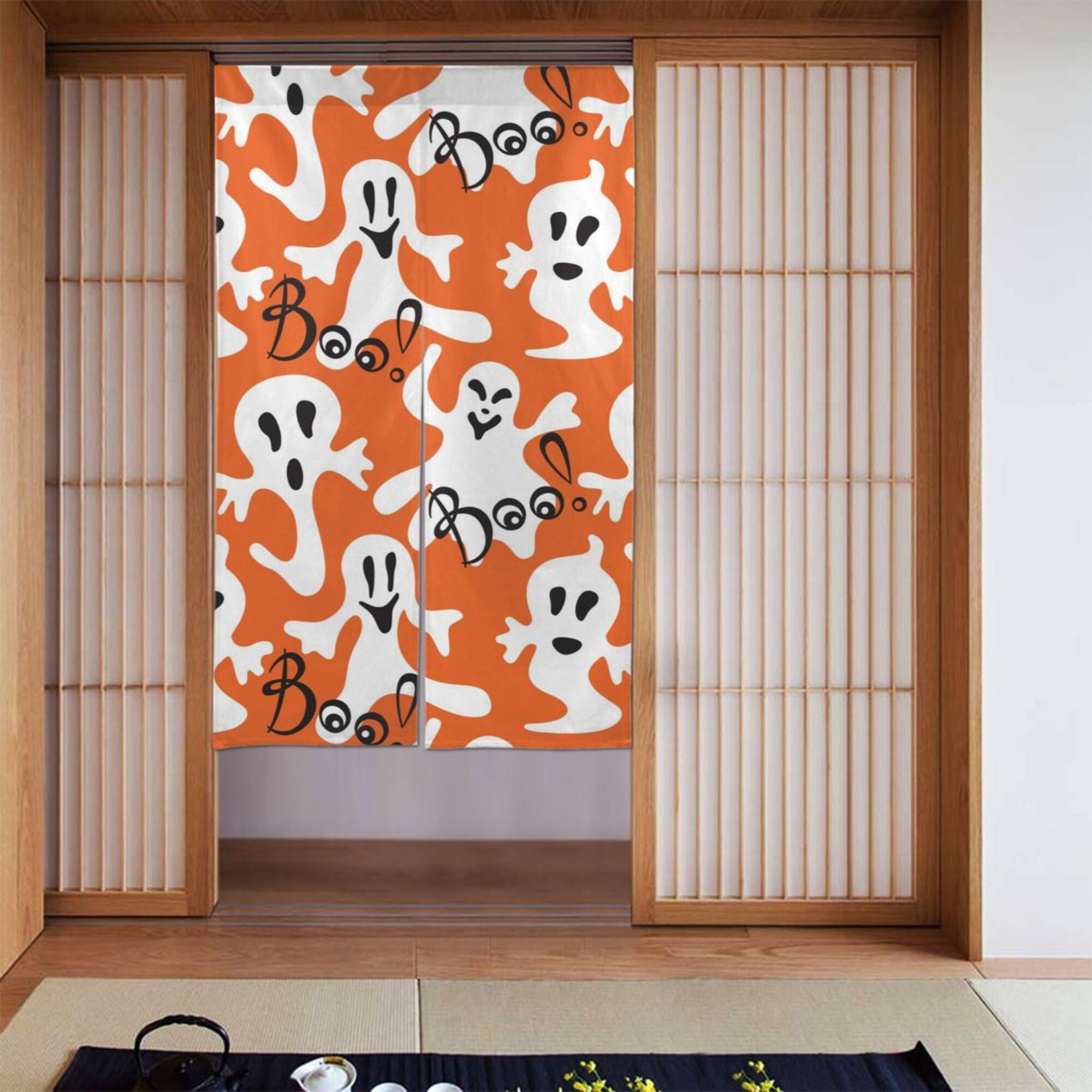 XMXY Japanese Doorway Curtain Noren, Halloween Holiday Orange Ghosts ...