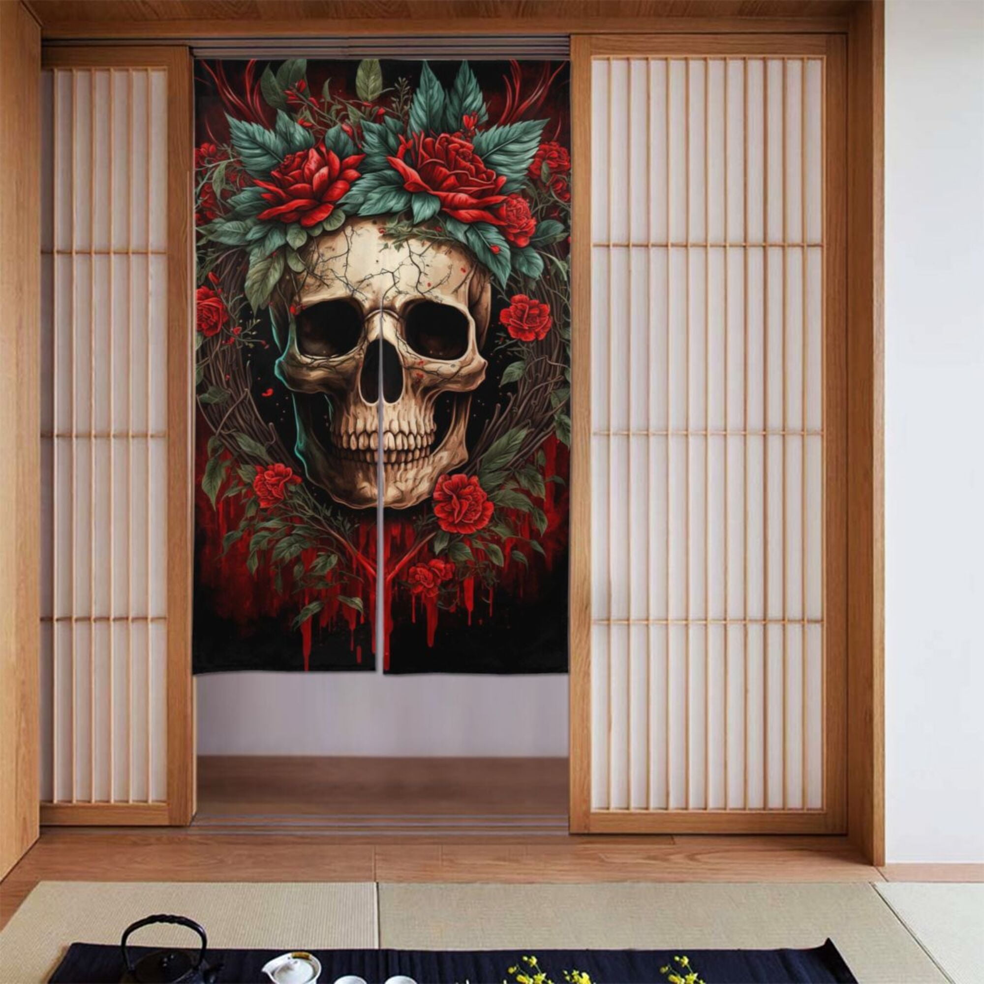 XMXY Japanese Doorway Curtain Noren, Human Skull Crown Surrounded Door Closet Curtain Panel ...
