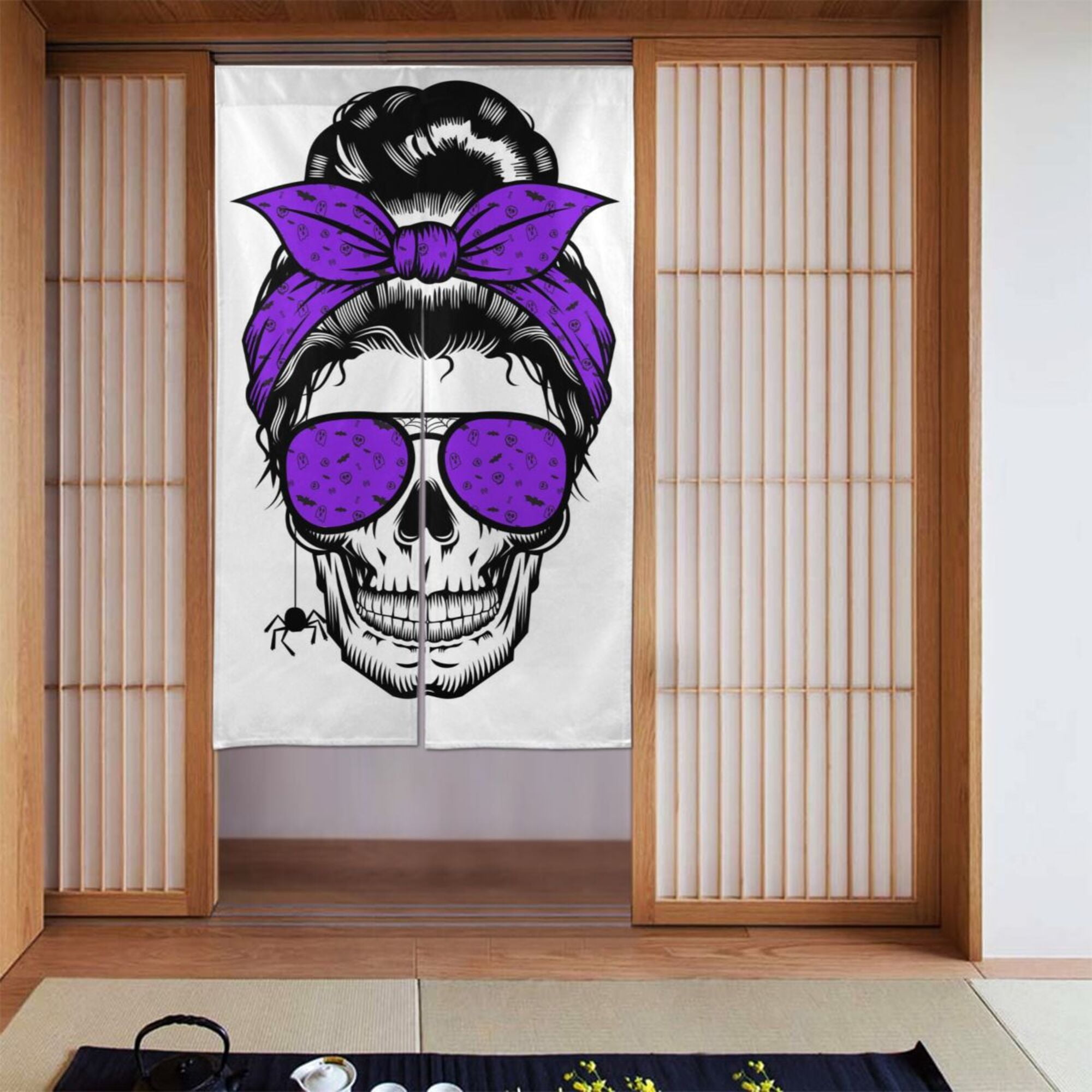 XMXY Japanese Doorway Curtain Noren, Messy Bun Skull with Bandana Door Closet Curtain Panel ...
