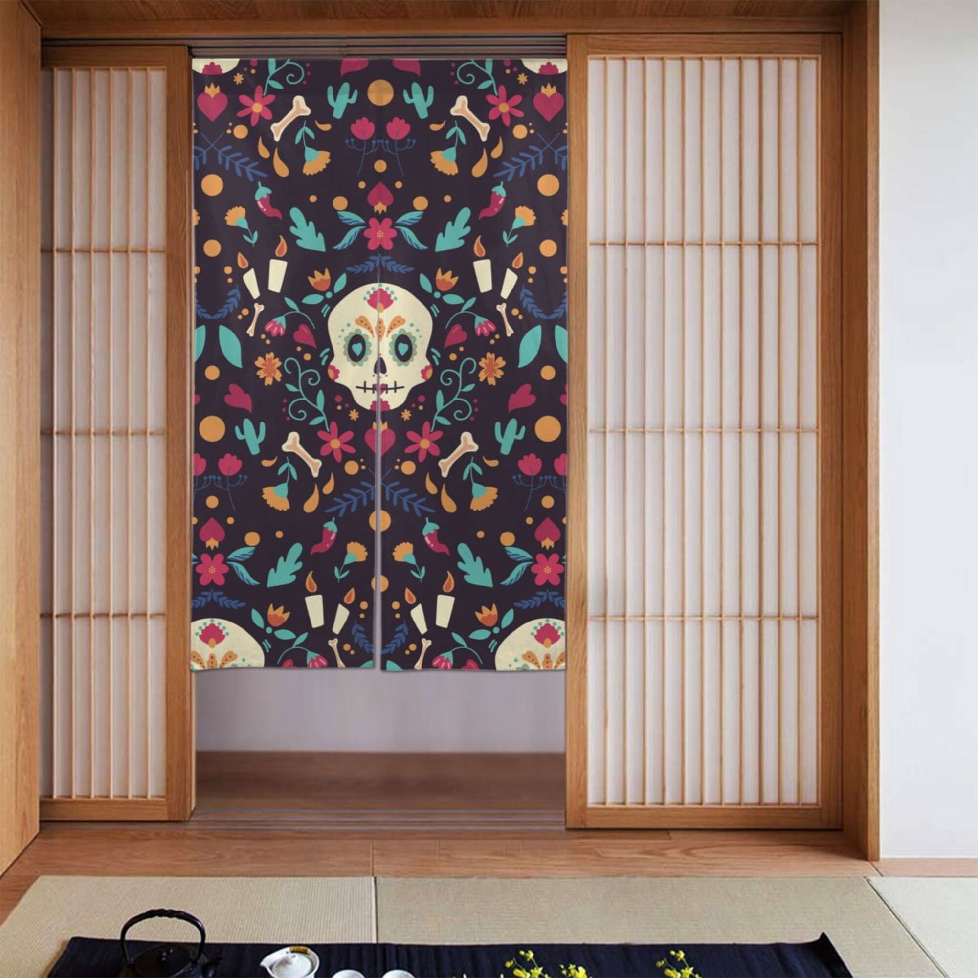 XMXY Japanese Doorway Curtain Noren, Traditional Day Of The Dead Skull ...