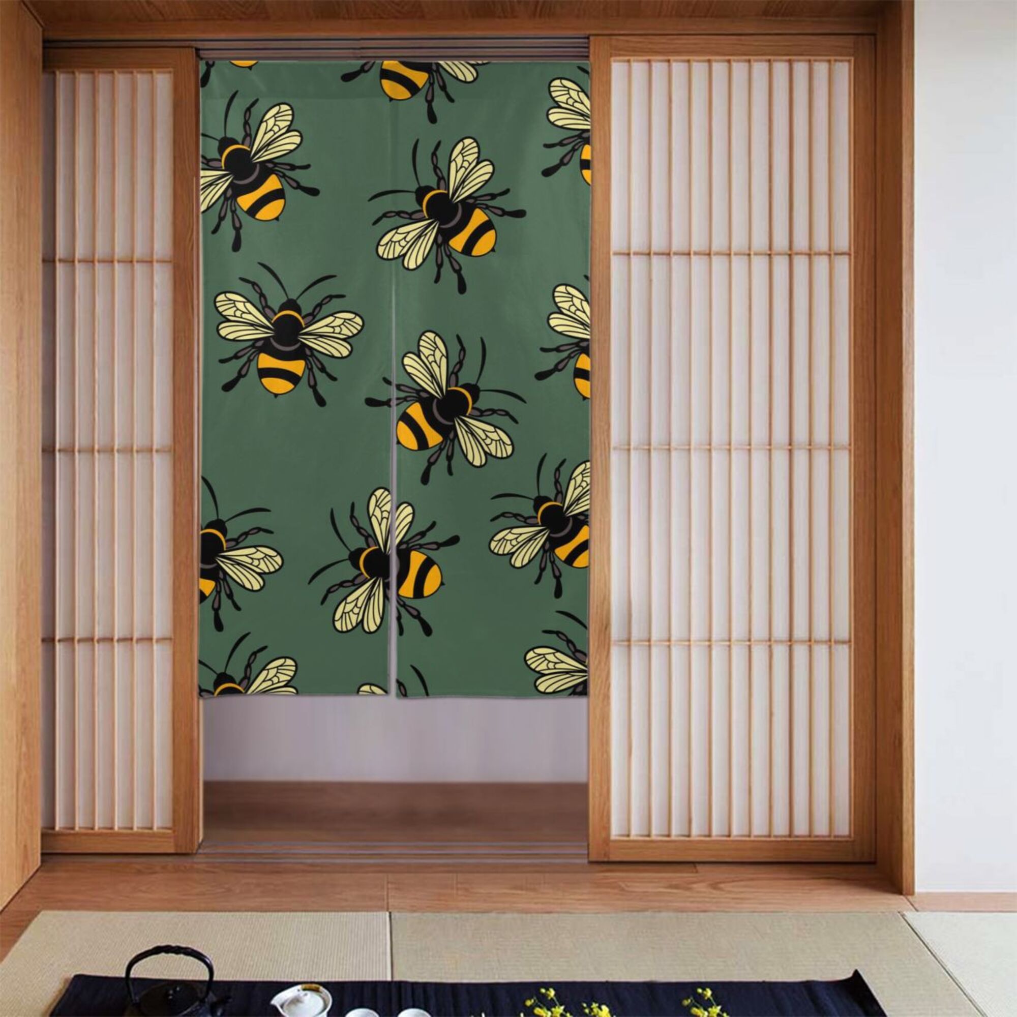 XMXY Japanese Doorway Curtain Noren, Vintage Bee Blue Texture Door ...