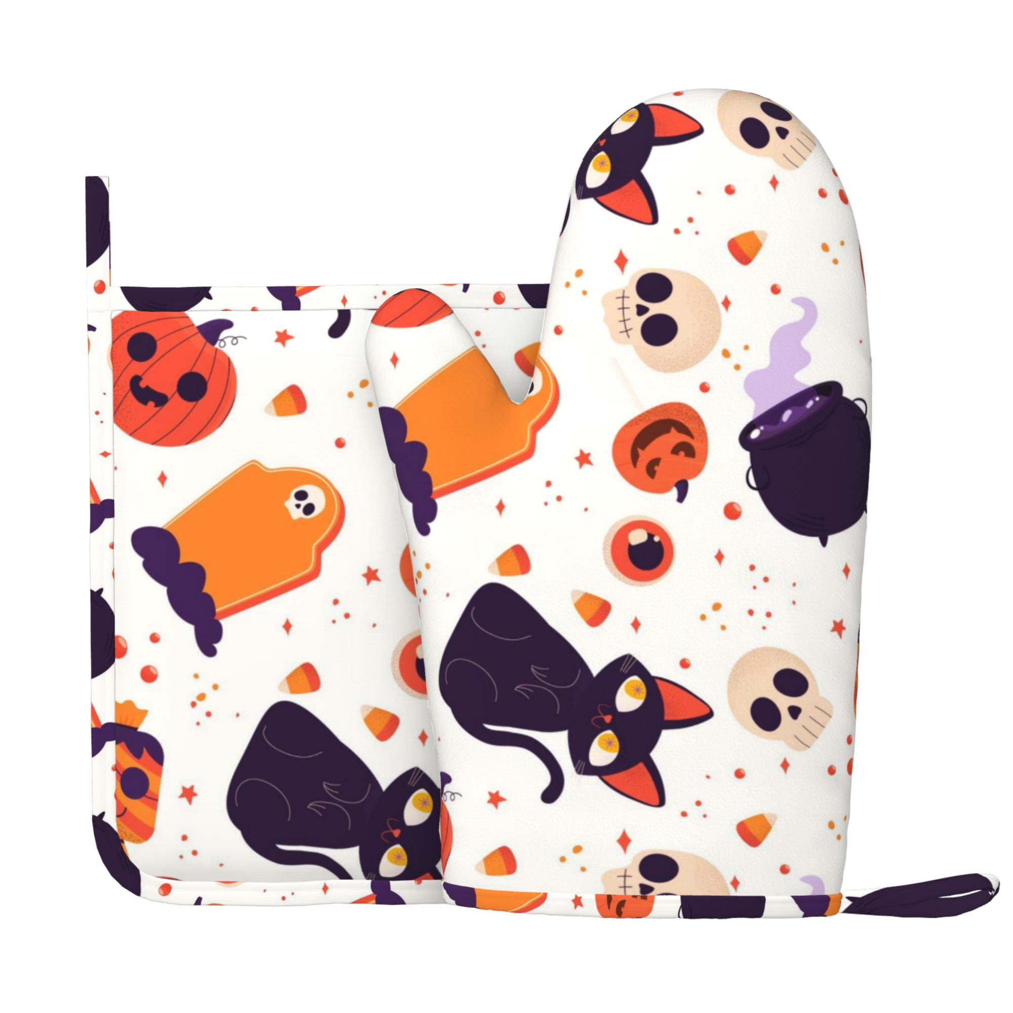 XMXY Oven Mitts and Pot Holders 2 Pcs Sets, Spooky Halloween Scary Cat ...