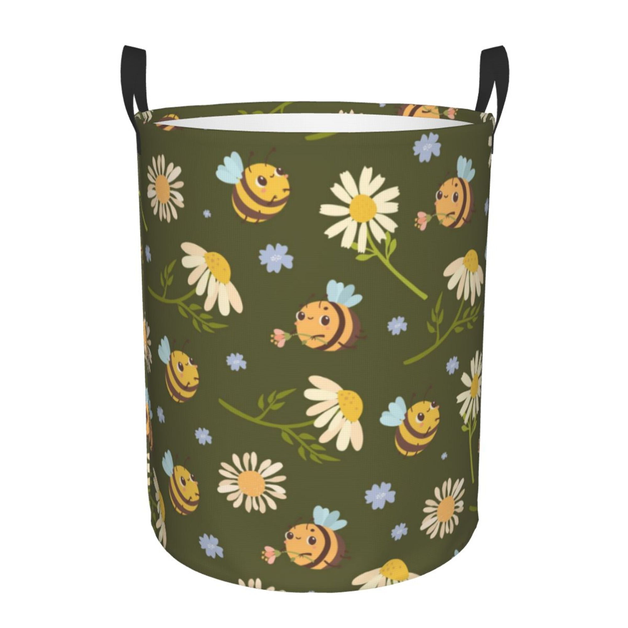 XMXY Round Laundry Basket Organizer, Green Daisies Bees Waterproof ...