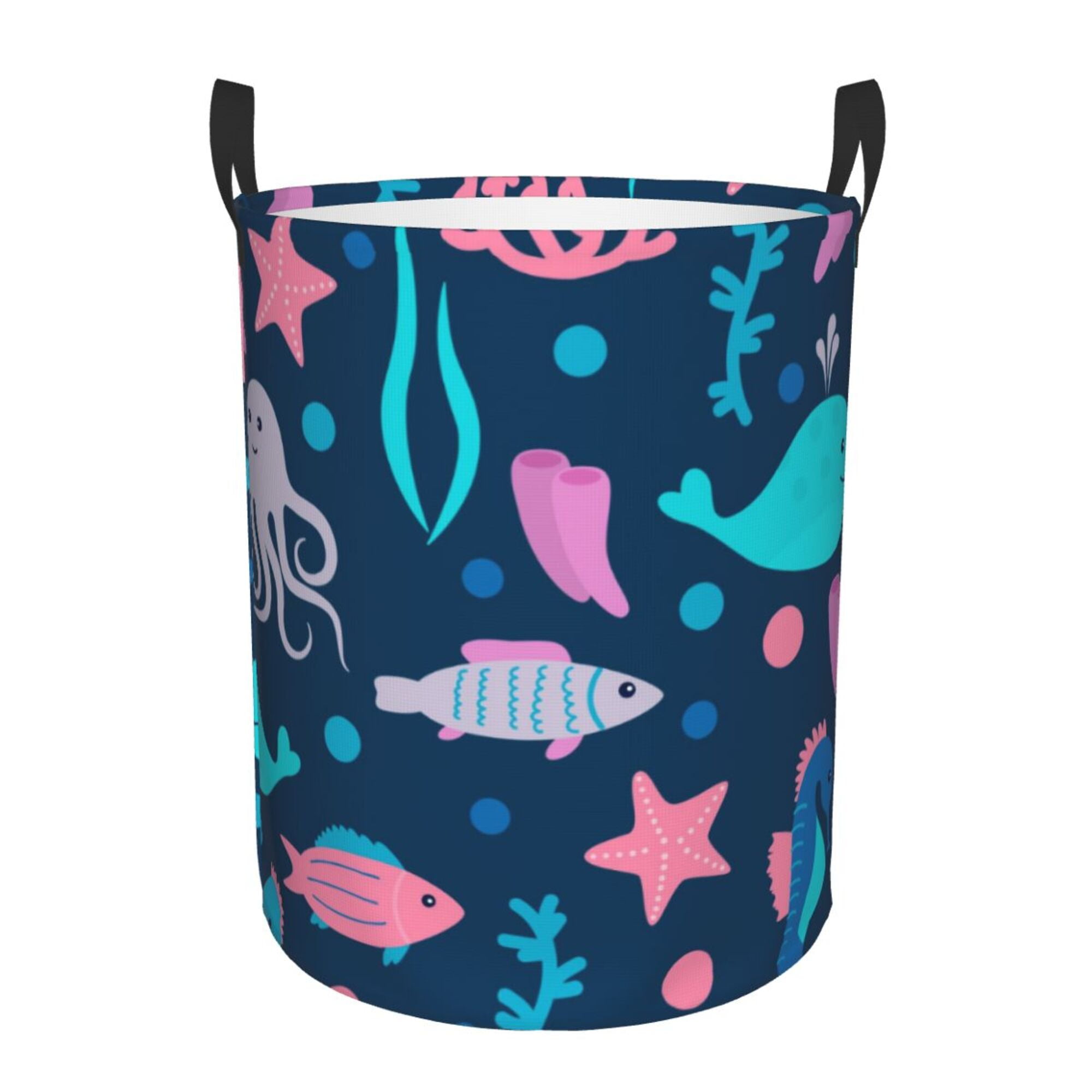 XMXY Round Laundry Basket Organizer, Ocean Underwater Seahorse ...