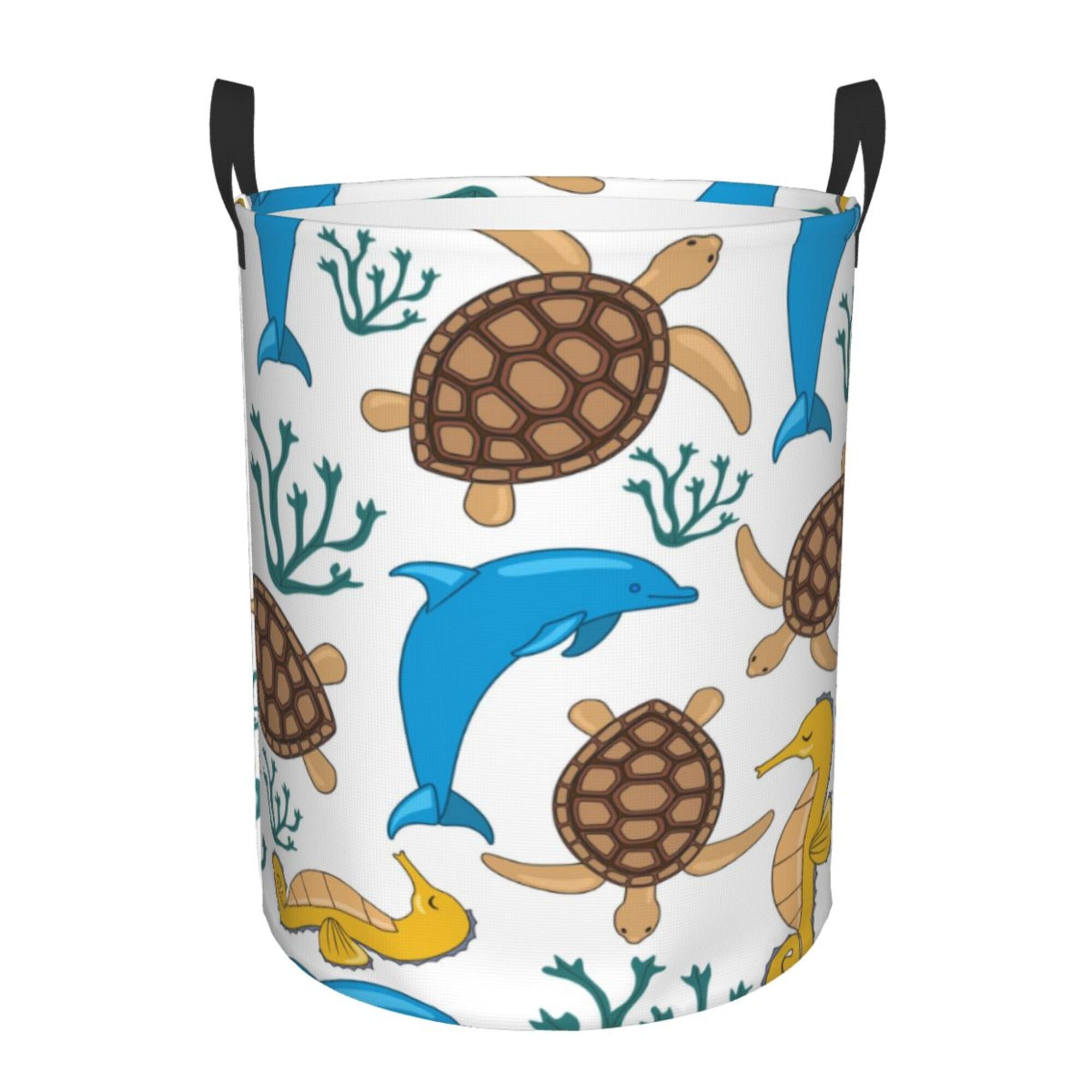 XMXY Round Laundry Basket Organizer, Seamless Seahorse Turtle Dolphin ...