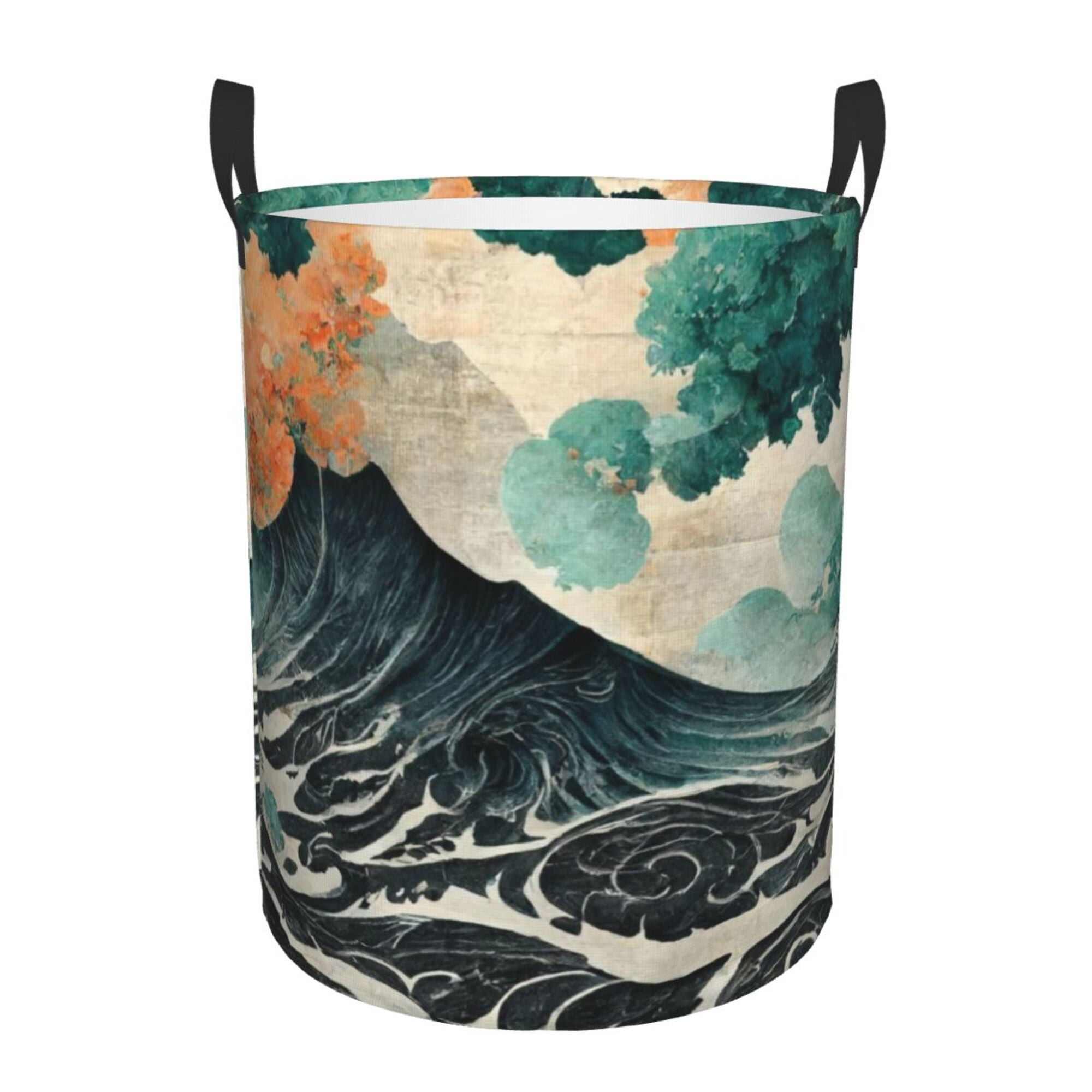 XMXY Round Laundry Basket Organizer, Traditional Japanese Waves Flower ...