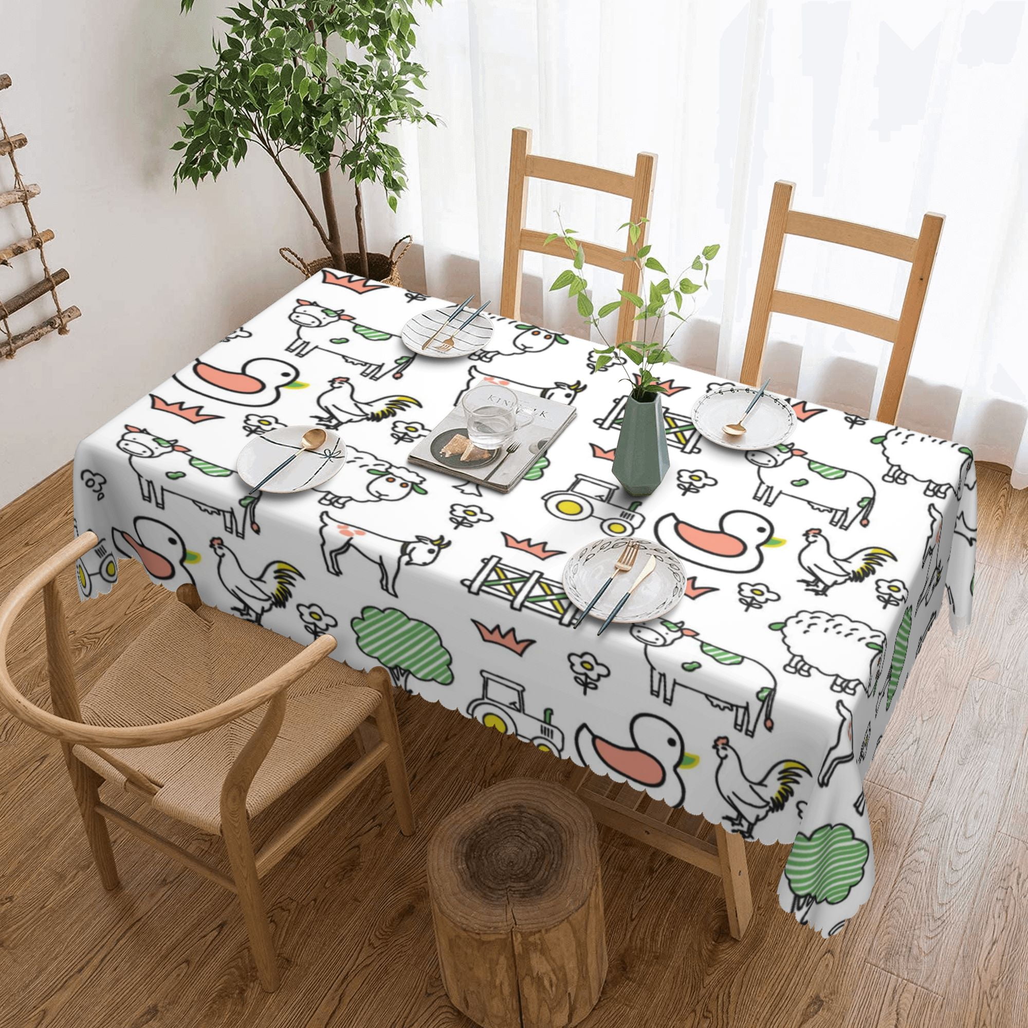 XMXY Table Cloth Rectangle Table, Green Tree Sheep Duck Dining Table ...