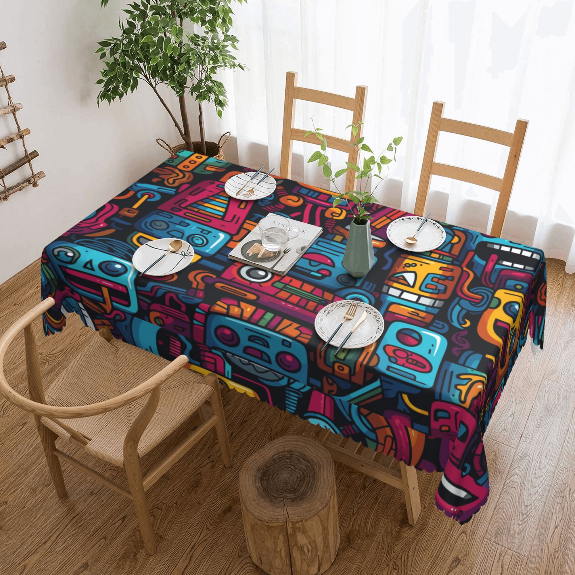 XMXY Table Cloth Rectangle Table, Robots Doodle Dark Cyborg Dining ...