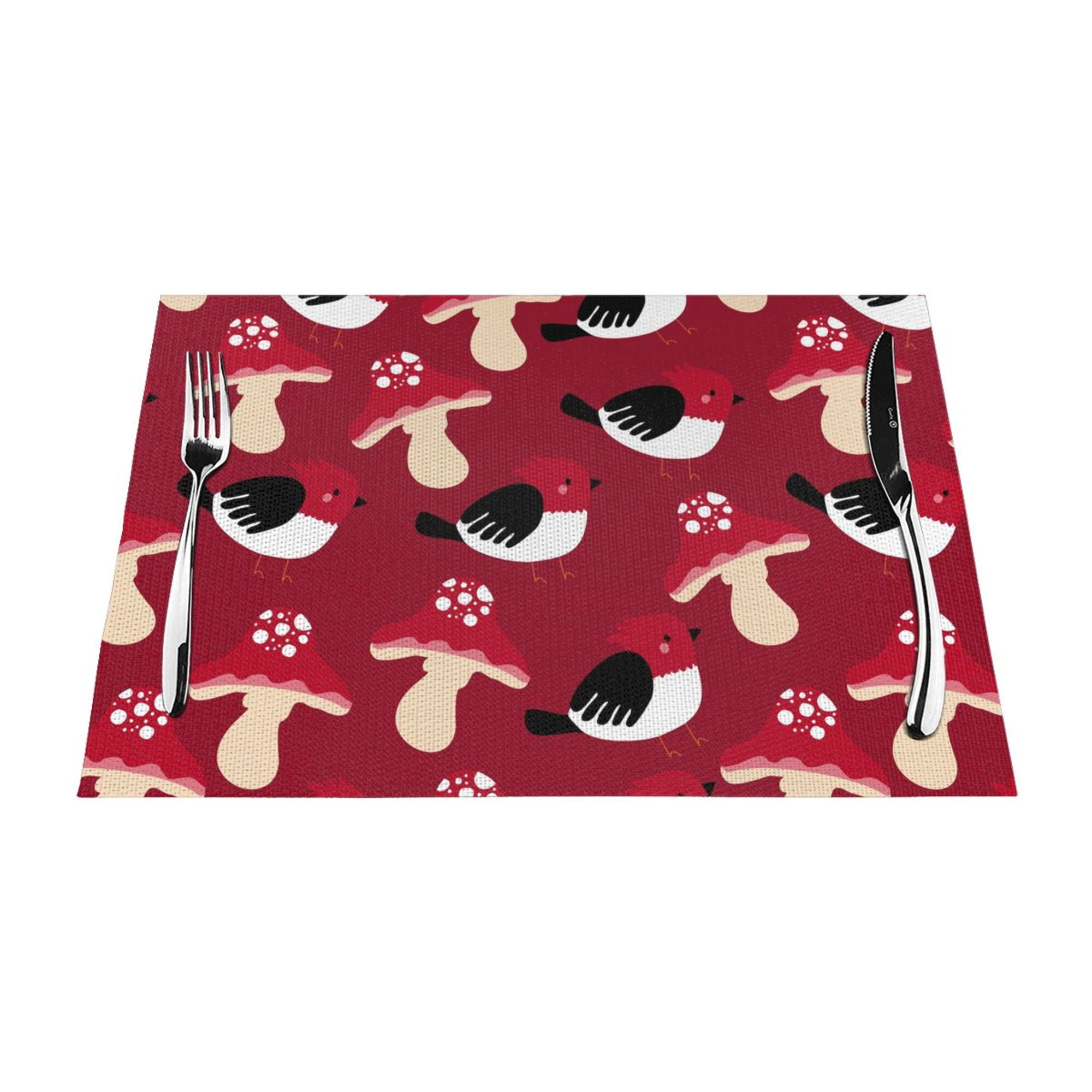 XMXY Woven Placemats Set of 4 PCS, Birds Mushroom Red Background Table ...