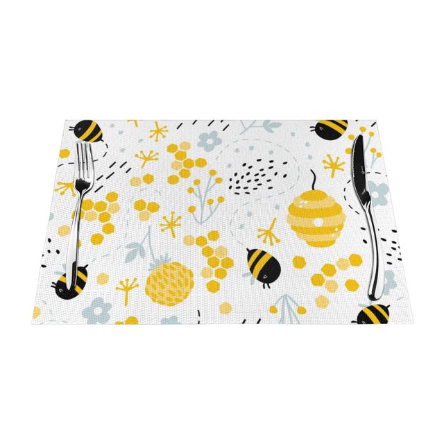 XMXY Woven Placemats Set of 4 PCS, Funny Bees Watercolor Flowers Table ...